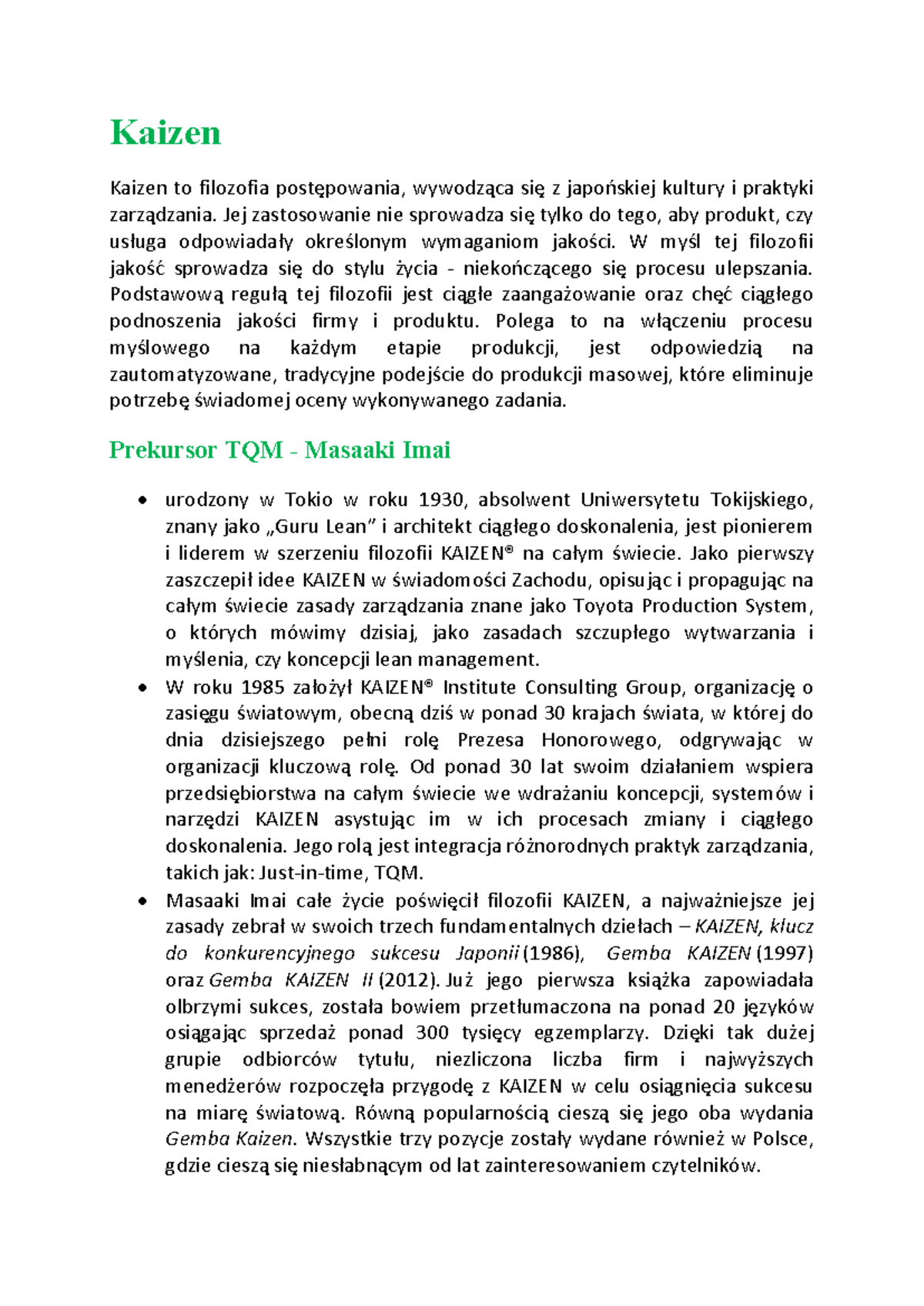 Kaizen w praktyce: Filozofia ciągłego doskonalenia w zarządzaniu - Studocu