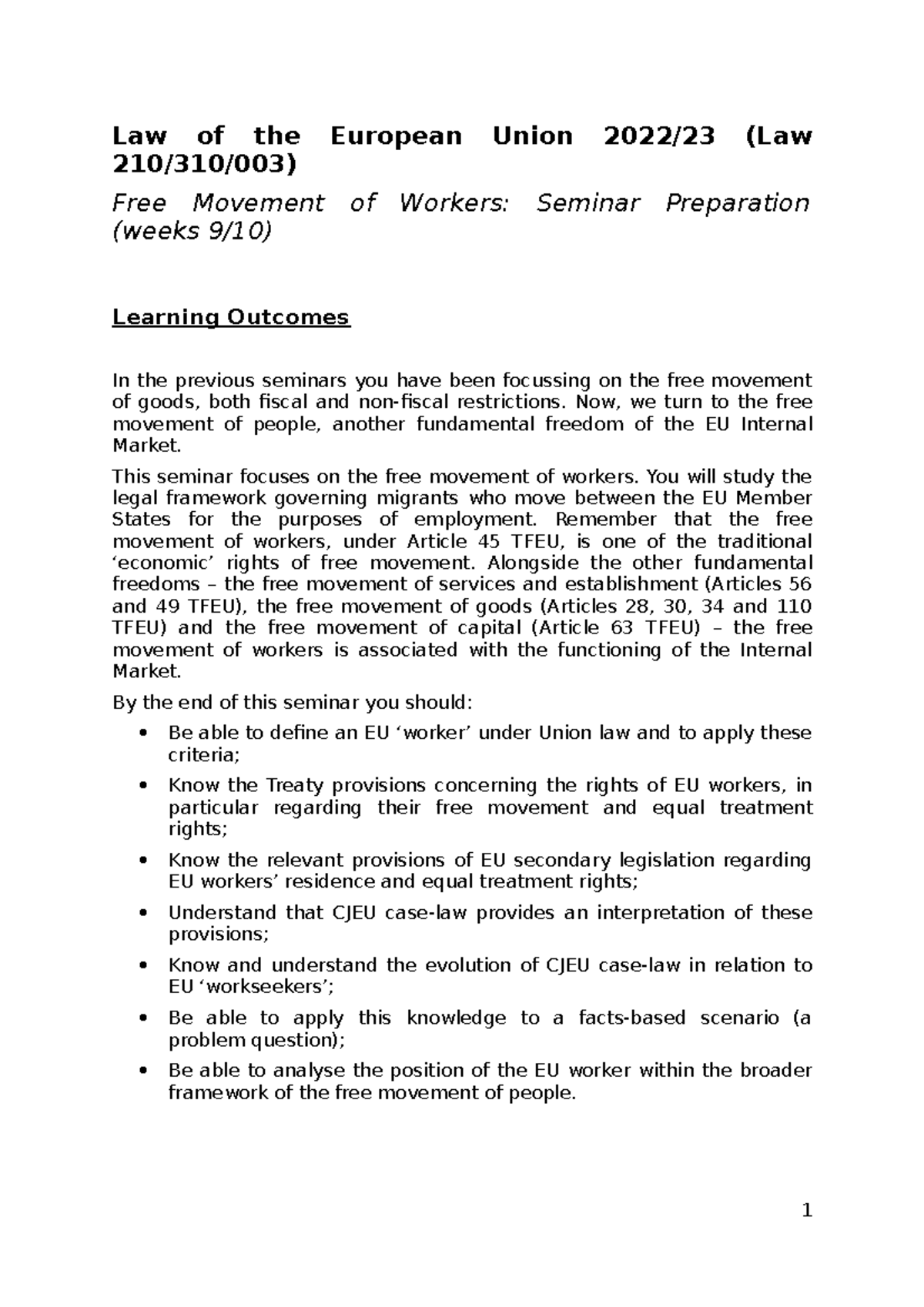 Free Movement of Workers 202223 - Seminar - Law of the European Union ...