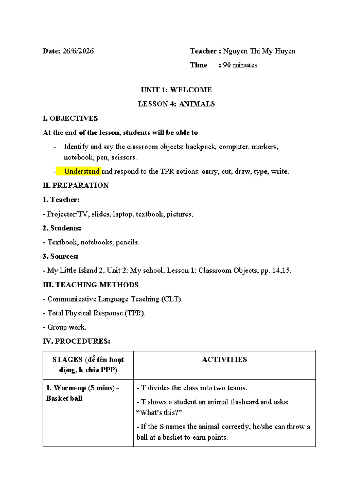 Unit 1 Lesson 4: Animals - Teaching Plan by Nguyen Thi My Huyen - Studocu