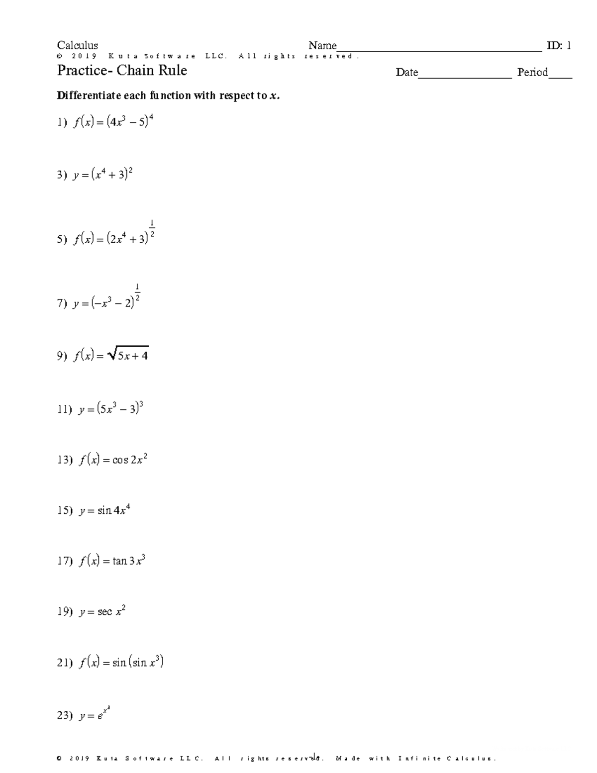 Practice- Chain Rule - AP CALCULUS - ©k S 2 R 0 j 1 ] 9 A cKLuEt[aO ...