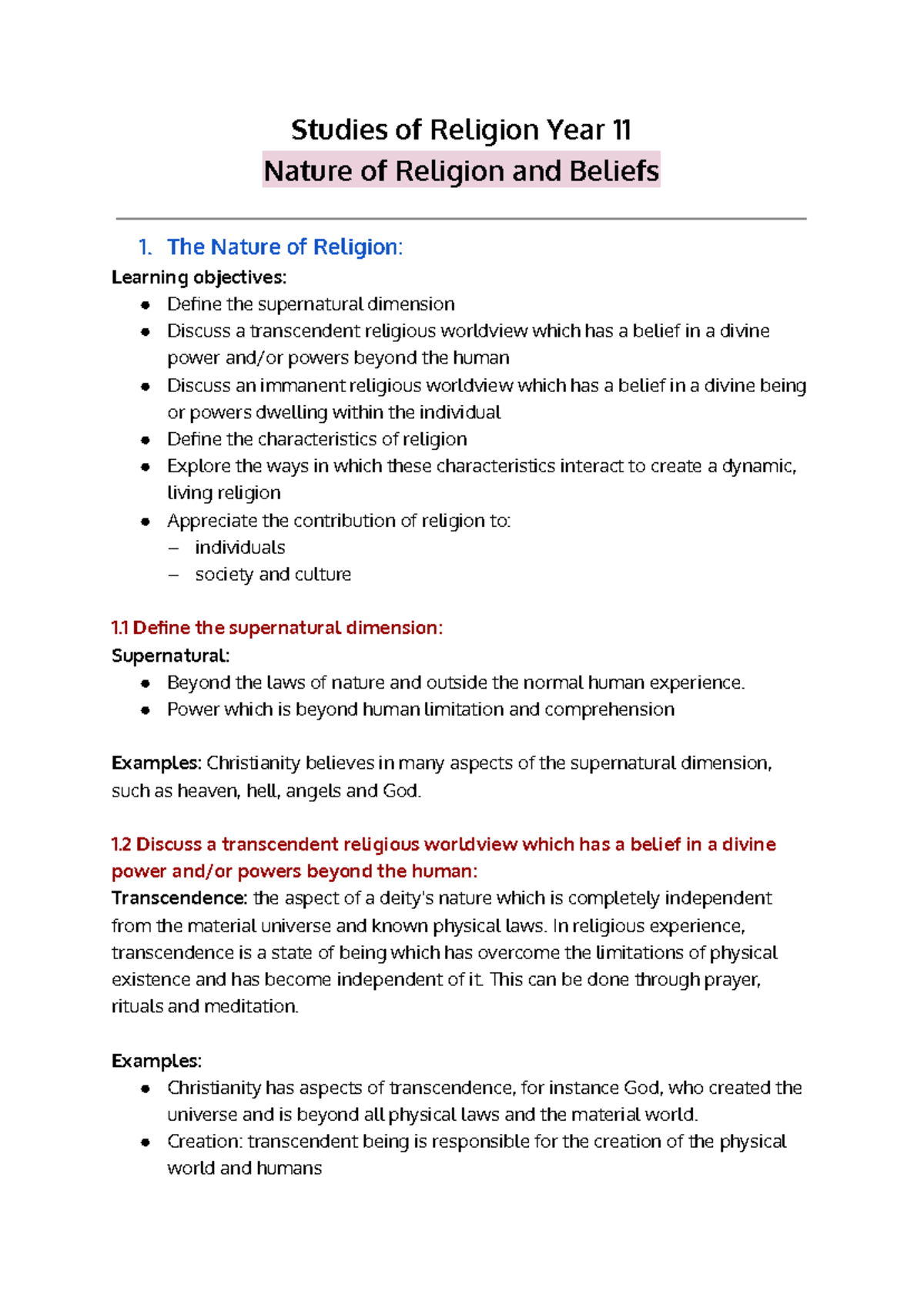 SOR Year 11 - SOR topic one notes - Studies of Religion Year 11 Nature ...