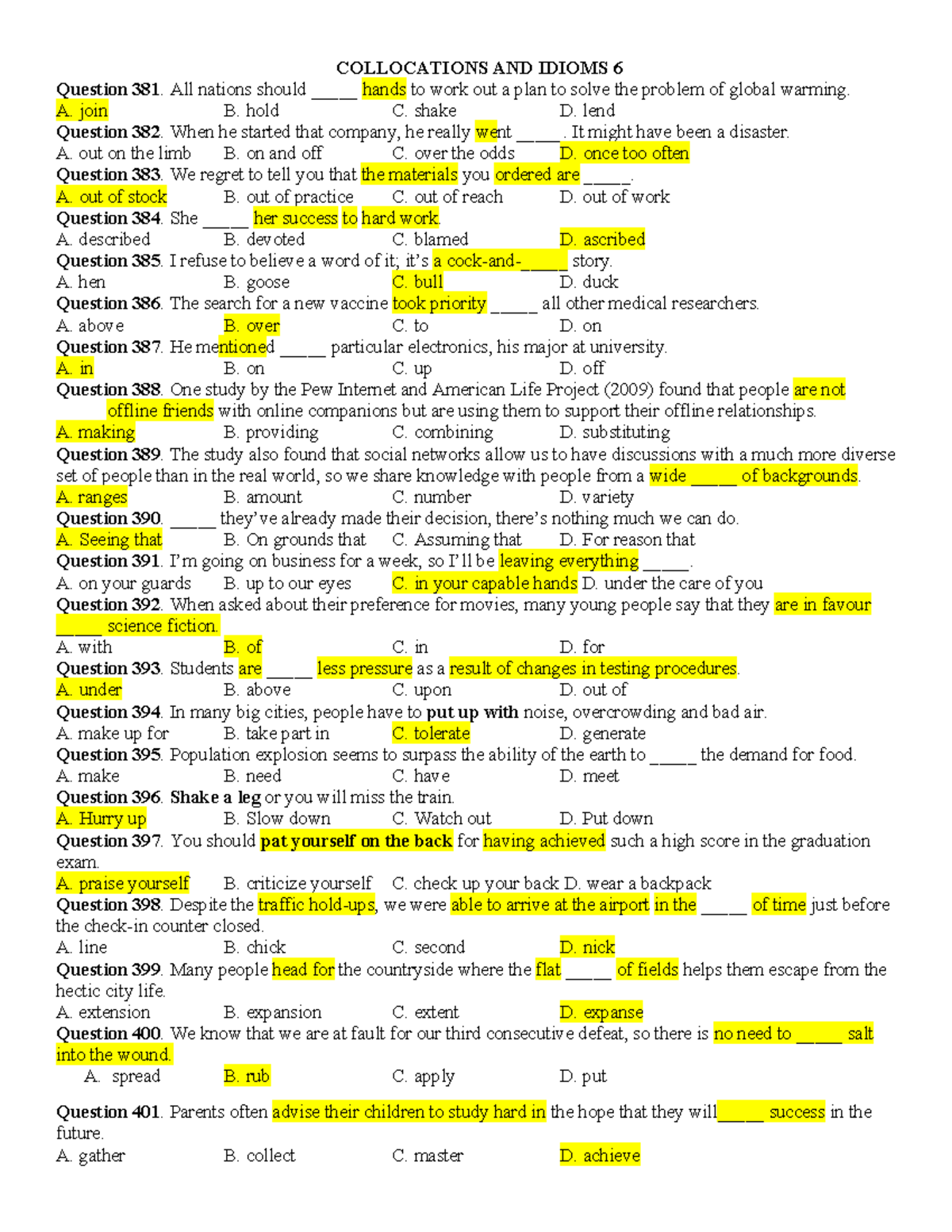 COLLOCATIONS AND IDIOMS 6: Practice Questions and Answers - Studocu