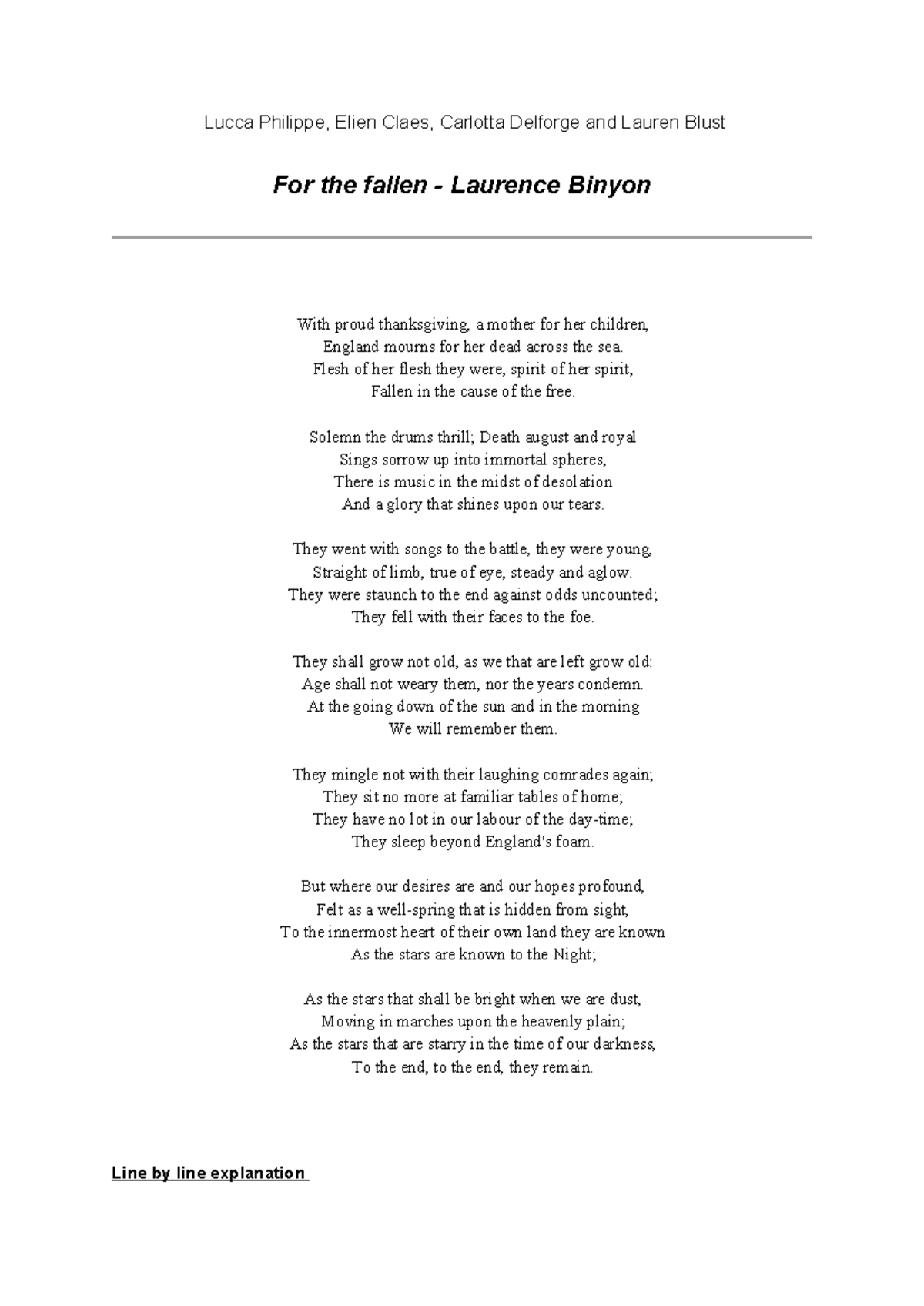 For the Fallen Analysis and Explanation - Laurence Binyon - Studocu