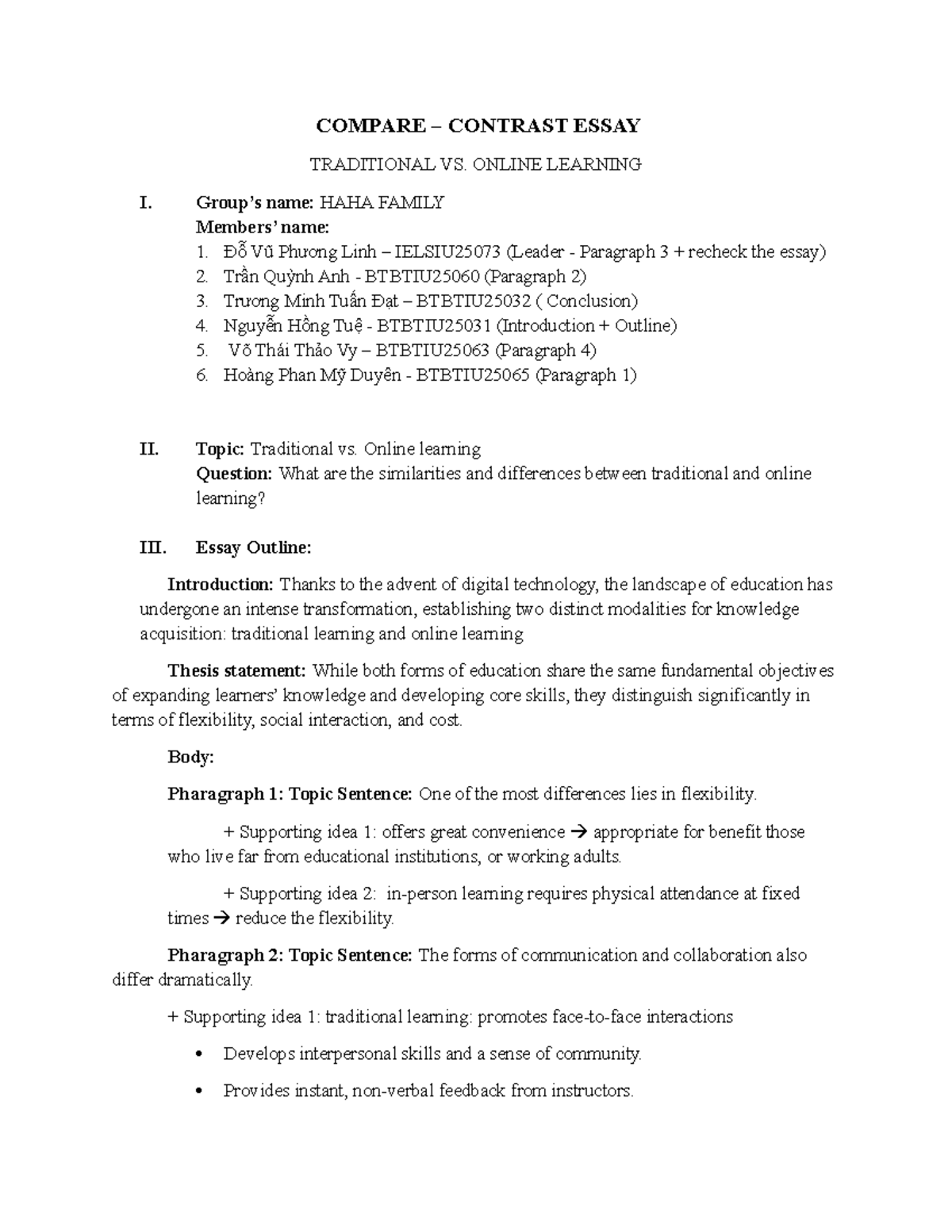 AE1WG13 Compare and Contrast Essay: Traditional vs. Online Learning ...