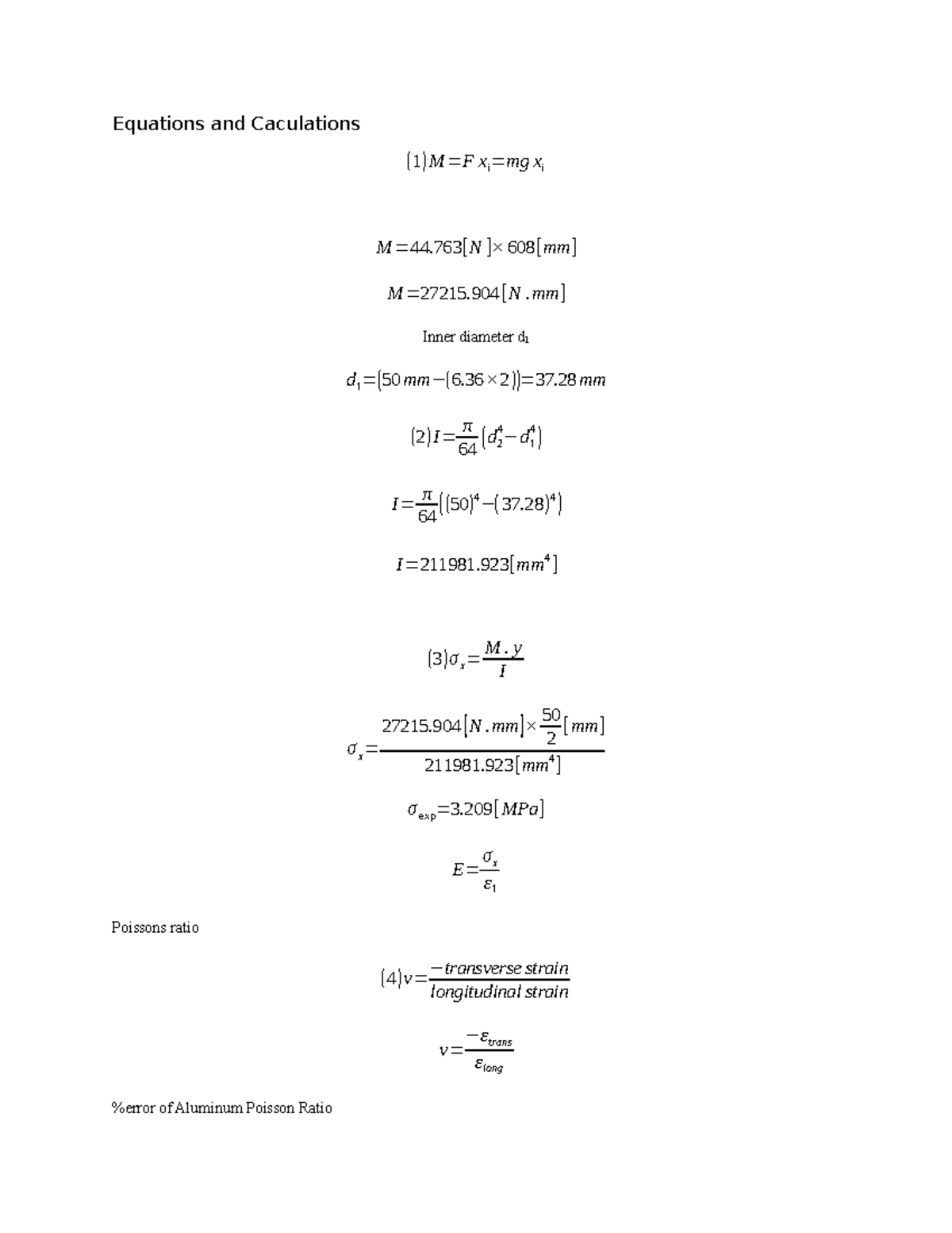 Equations and Calculations for Stress Analysis in Aluminum (ENG 101 ...