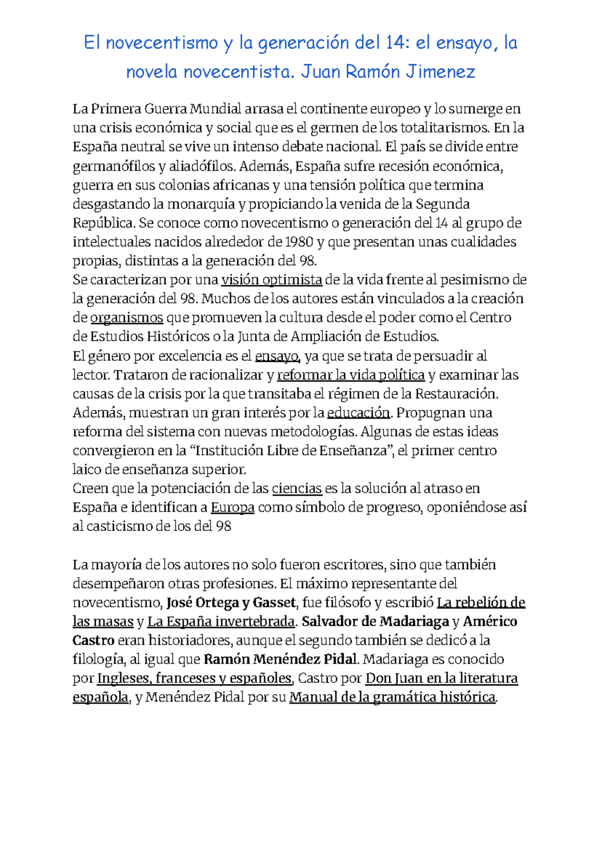 El novecentismo y la Generación del 14: Ensayo y Novela - Studocu