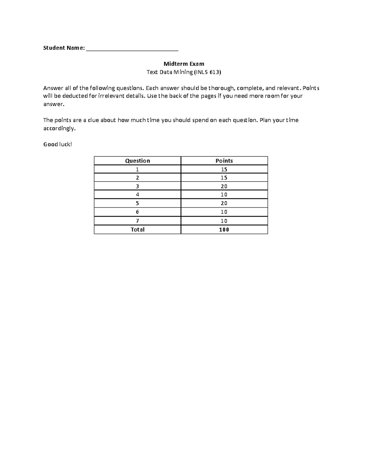 Midterm Practice Material for Data Mining (INLS 613) Exam Preparation ...
