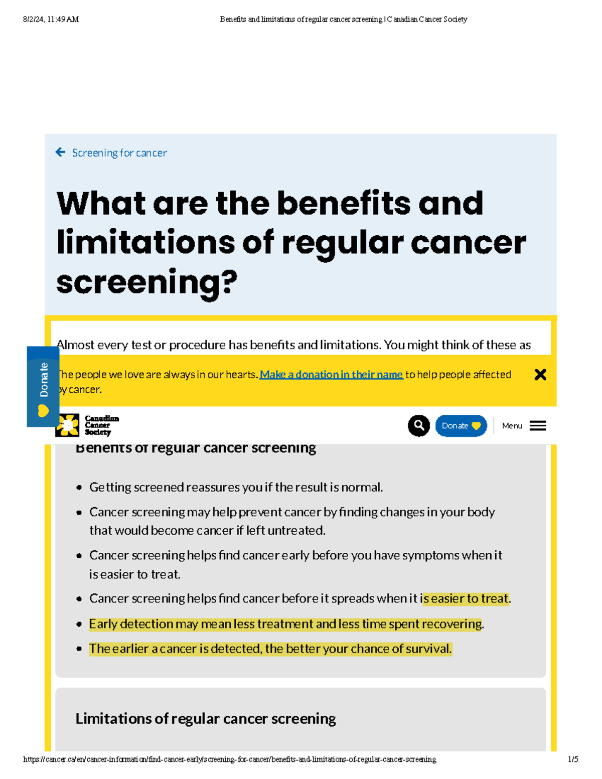 CCS Benefits and Limitations of Regular Cancer Screening - Studocu