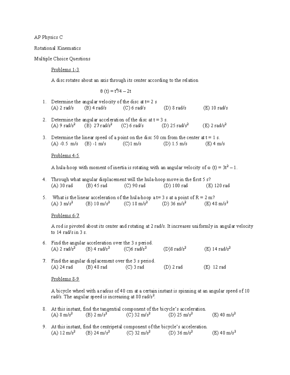AP Physics C: Rotational Kinematics Practice Problems - Studocu