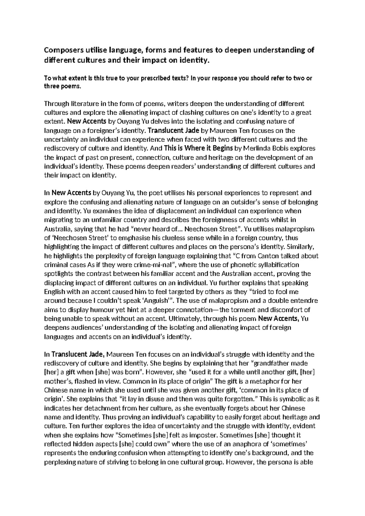 ENG101 Full Mark Essay on Contemporary Asian Poets and Identity - Studocu