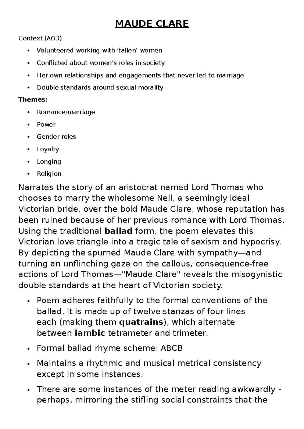 MAUDE CLARE Analysis (AO3) - Themes of Power & Gender Roles - Studocu