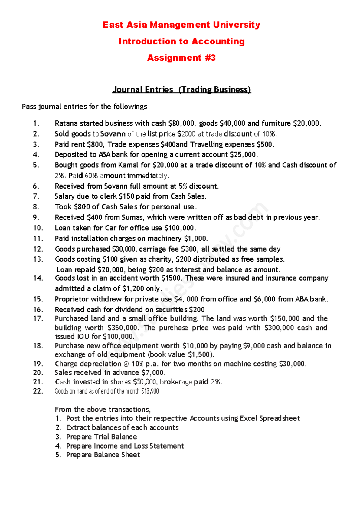 Accounting Principles Assignment # Journal Entries for Trading Business ...