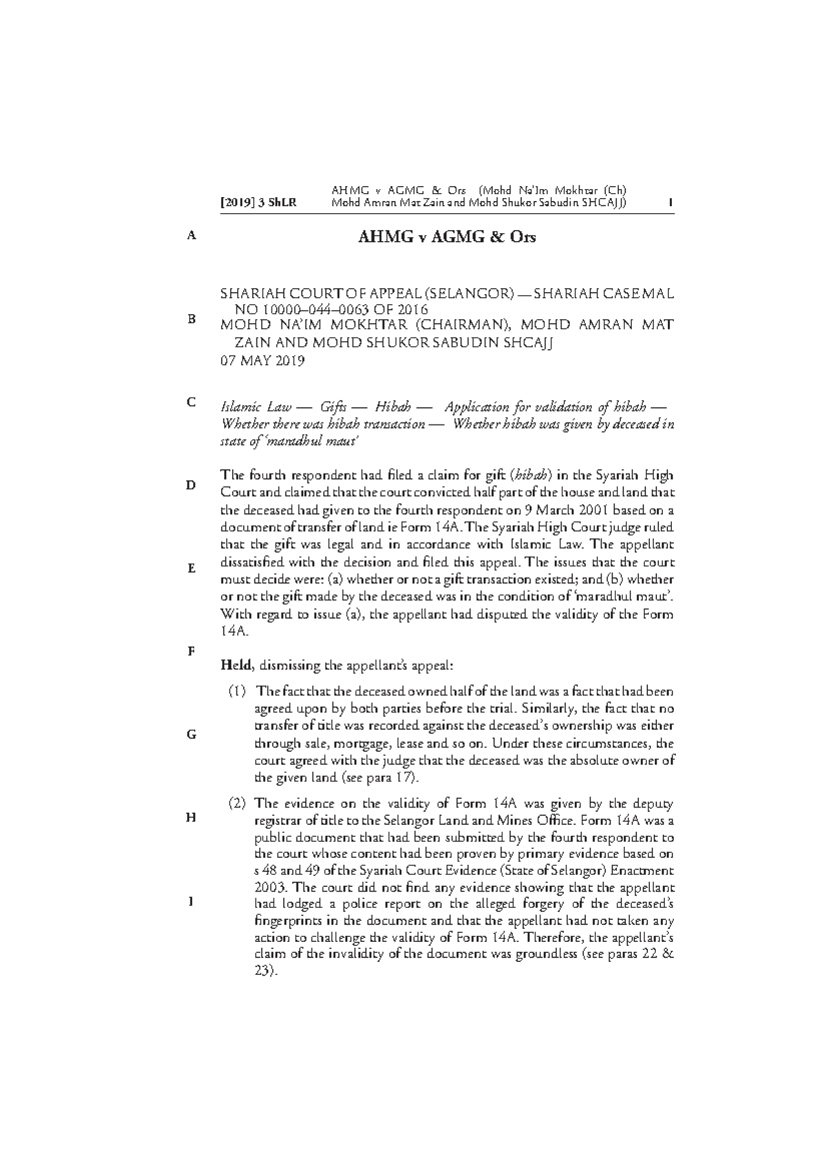 AHMG v AGMG & Ors: Shariah Court Appeal on Hibah Validity (2019) - Studocu