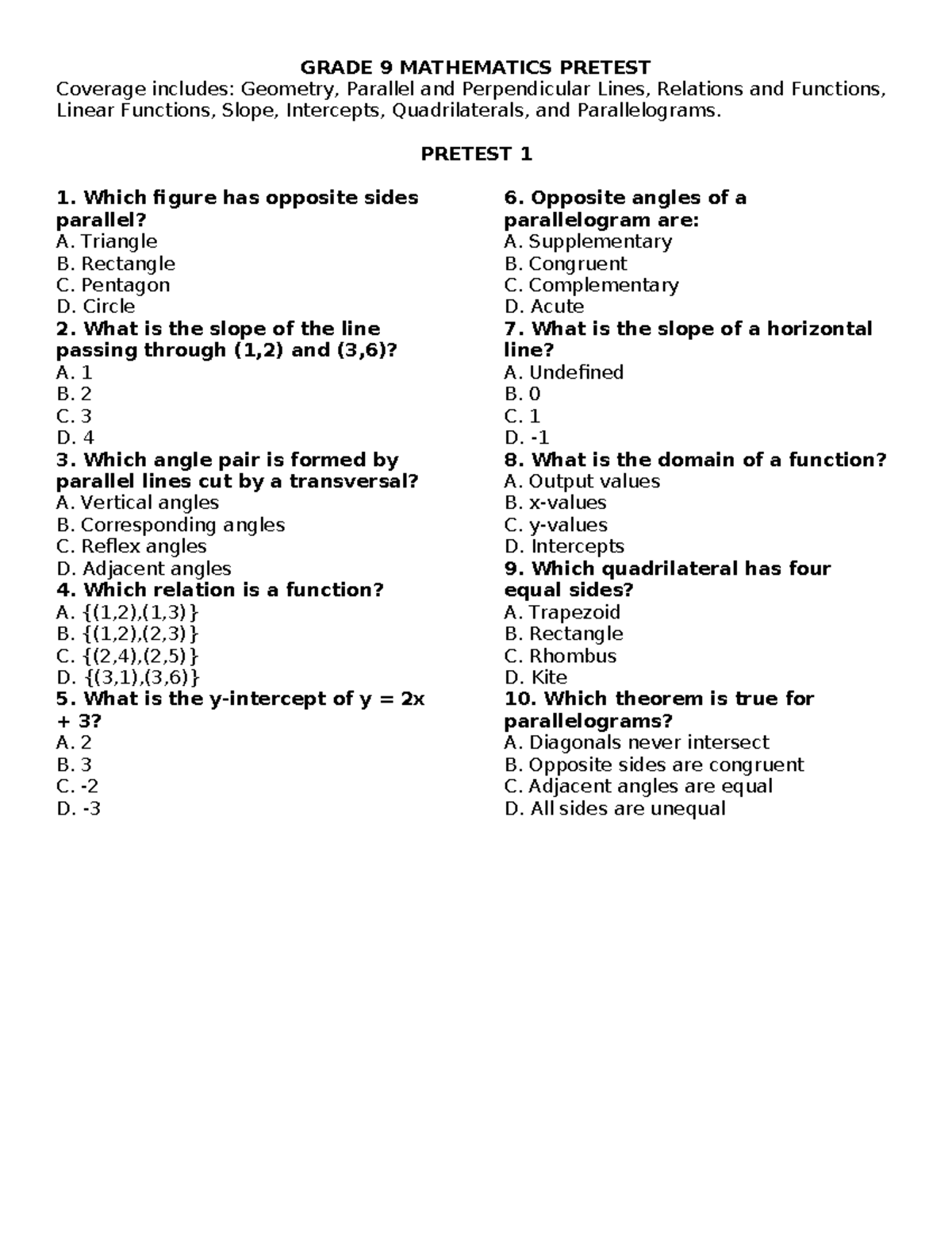 Grade 9 Mathematics Pretest: Geometry & Functions Coverage - Studocu