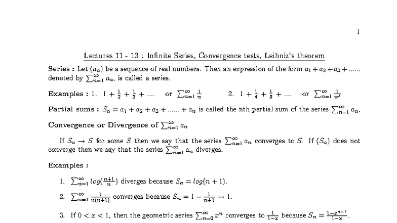 Lecture 11-13: Infinite Series & Convergence Tests - Studocu