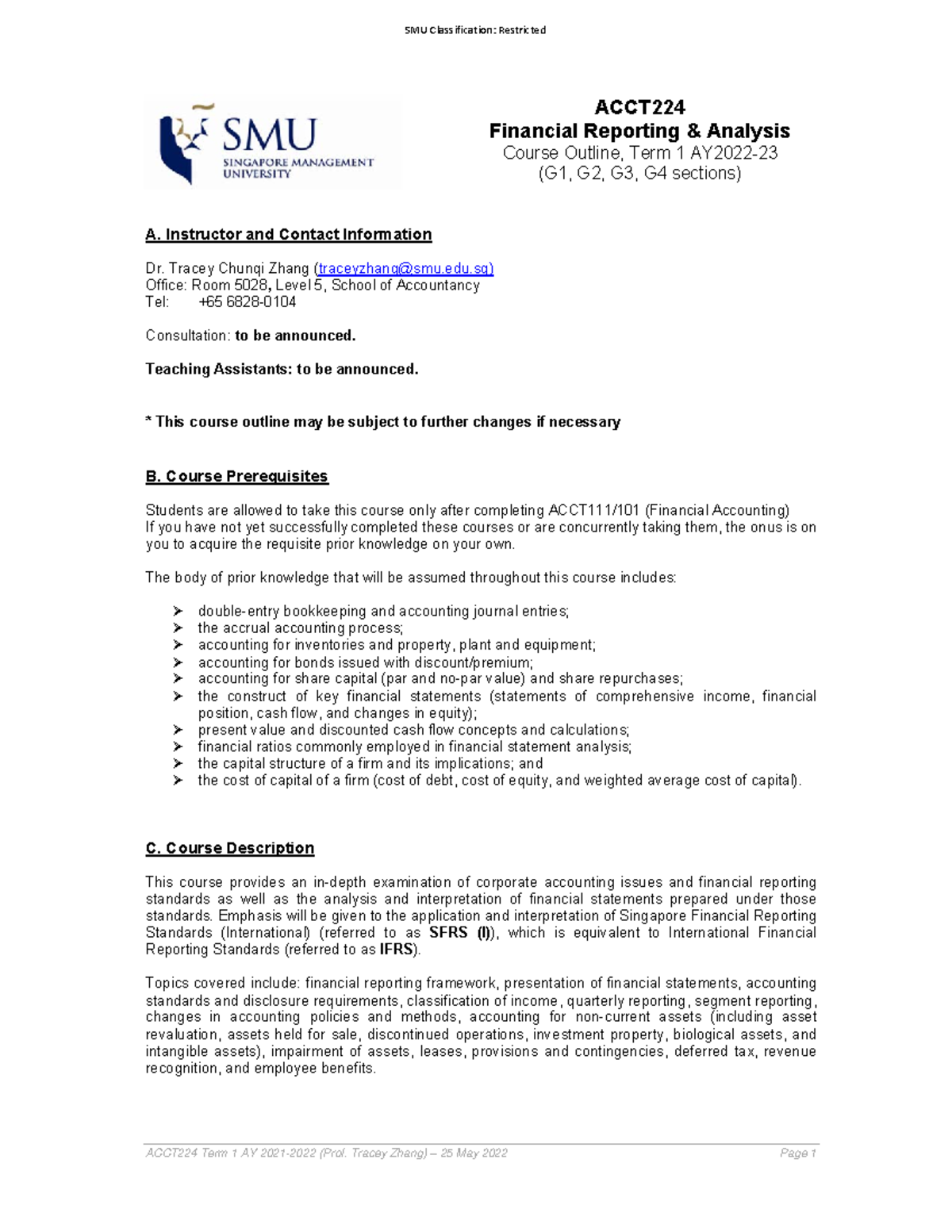 ACCT224 Financial Reporting & Analysis Course Outline AY2022 - Studocu