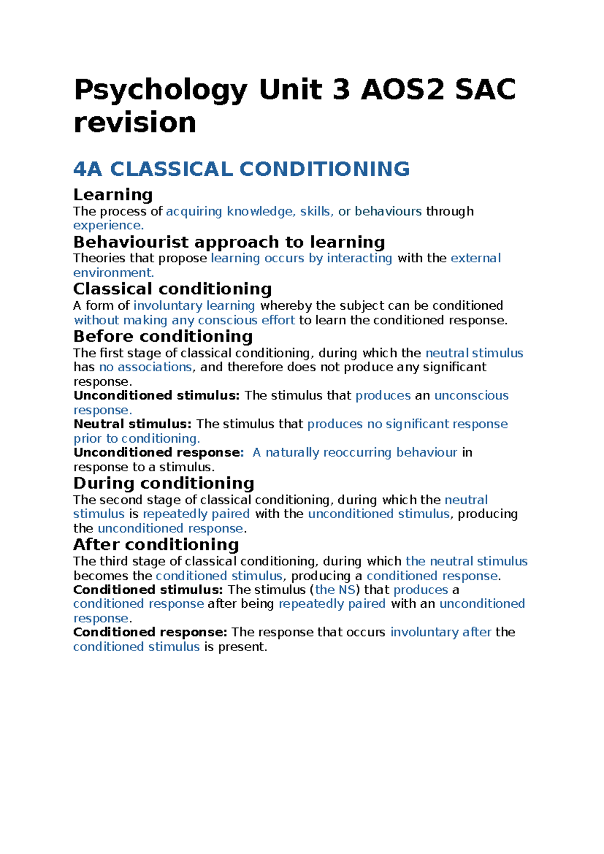 U3 AOS2 Psychology Notes: Classical & Operant Conditioning - Studocu