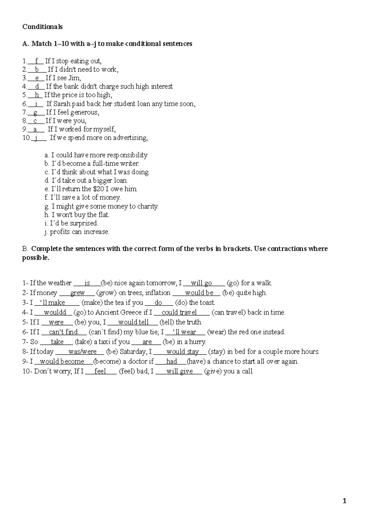 Unit 8 - Homework Answer key - Conditionals A. Match 1–10 with a–j to ...