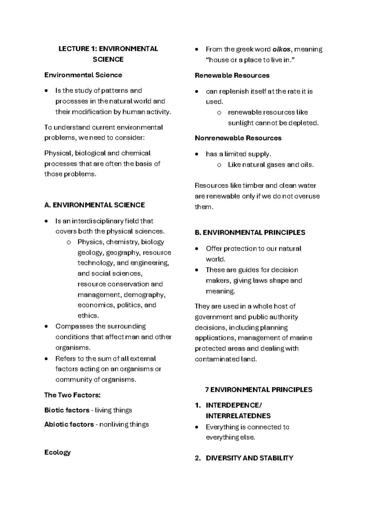 Ensci - Lecture notes. - LECTURE 1: ENVIRONMENTAL SCIENCE Environmental ...