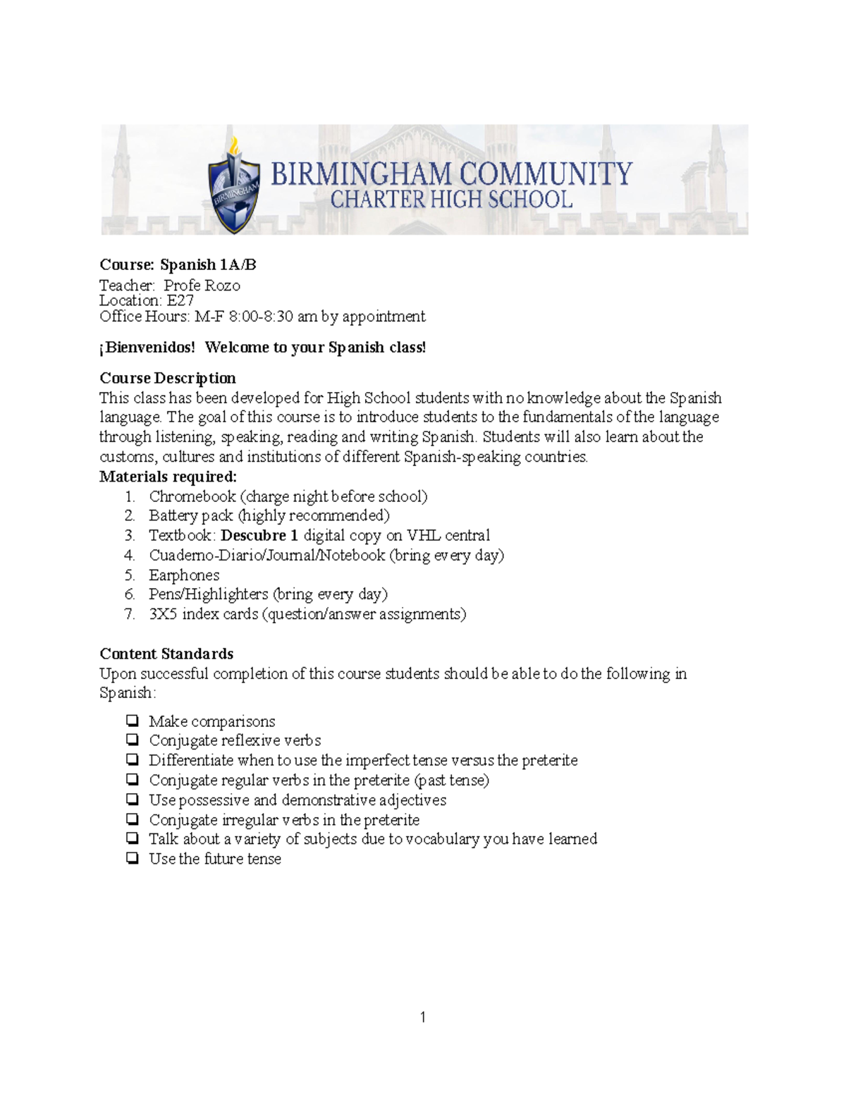 2025 - nono - Course: Spanish 1A/B Teacher: Profe Rozo Location: E ...
