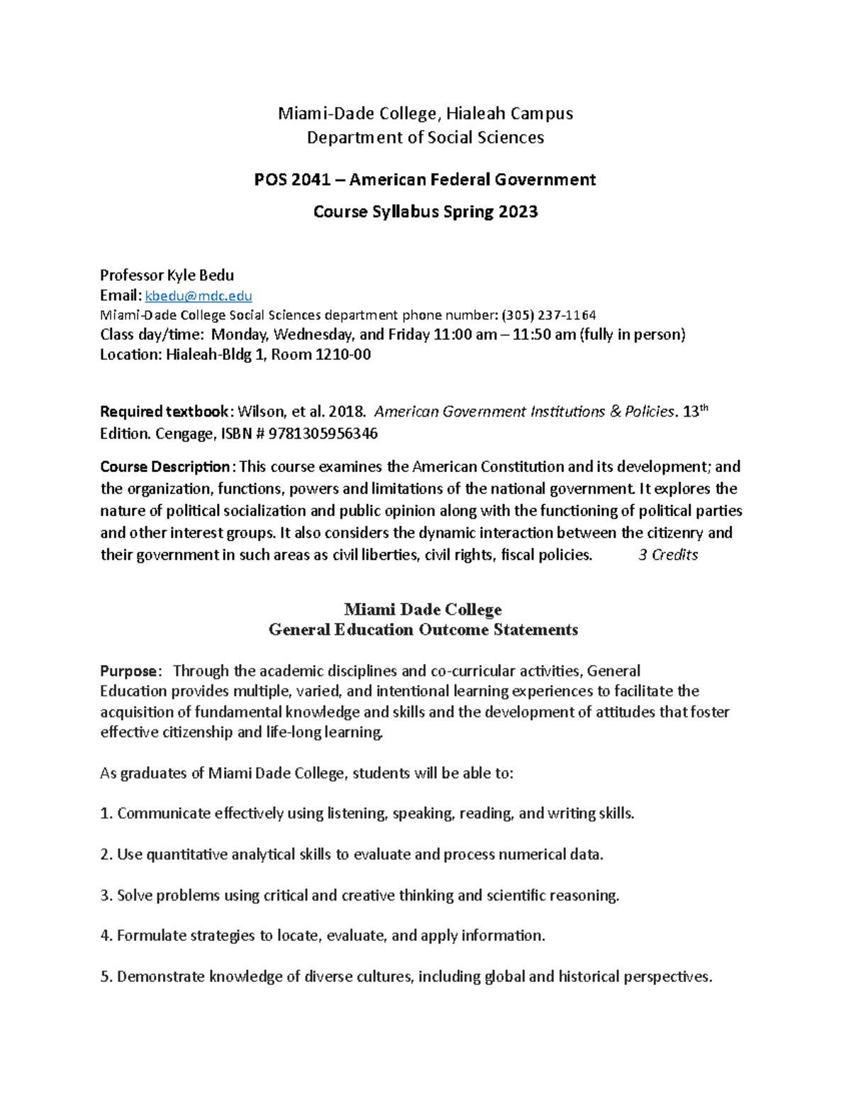 American Federal Government Syllabus Hialeah spring-2 - Miami-Dade ...