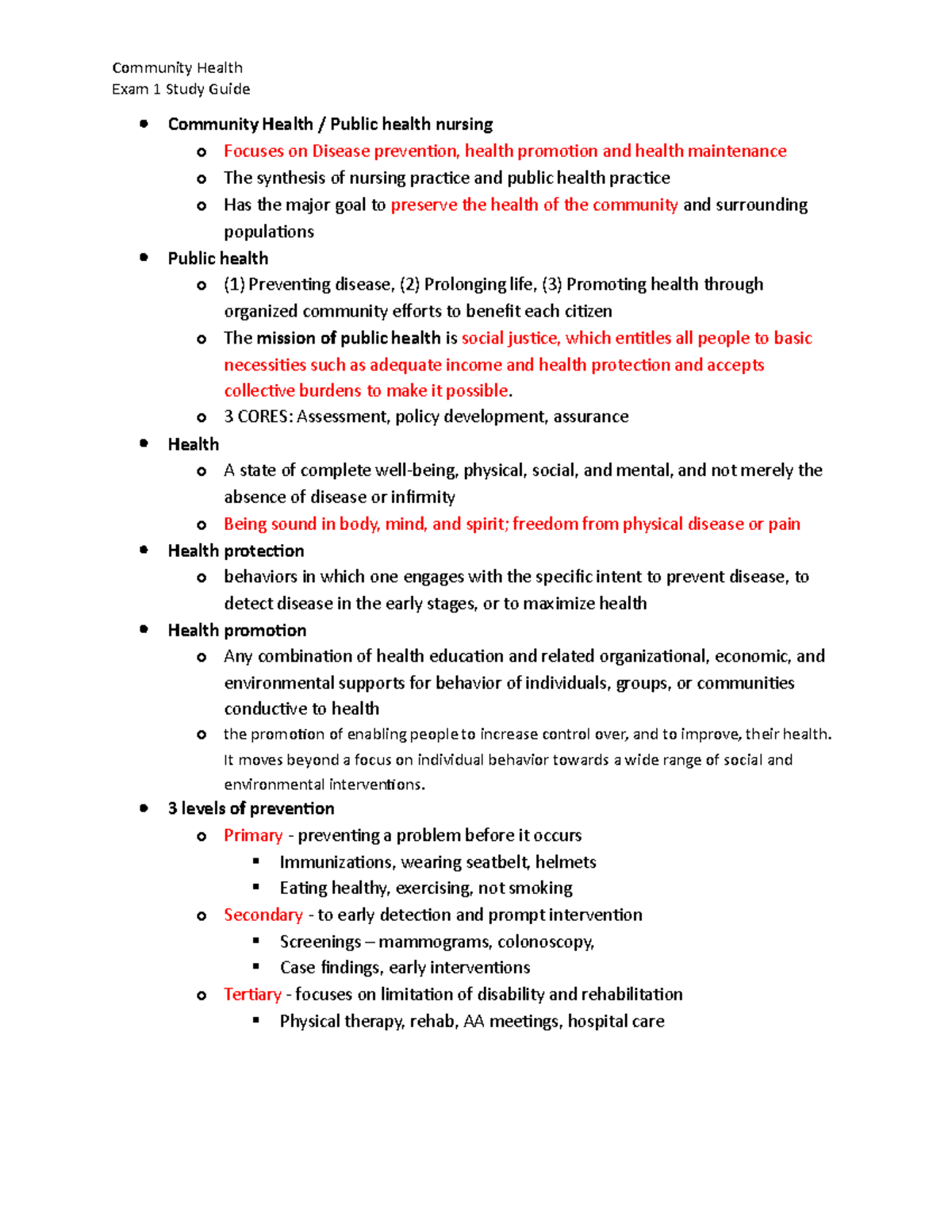 Community Health Exam 1 Study Guide: Key Concepts and Strategies - Studocu