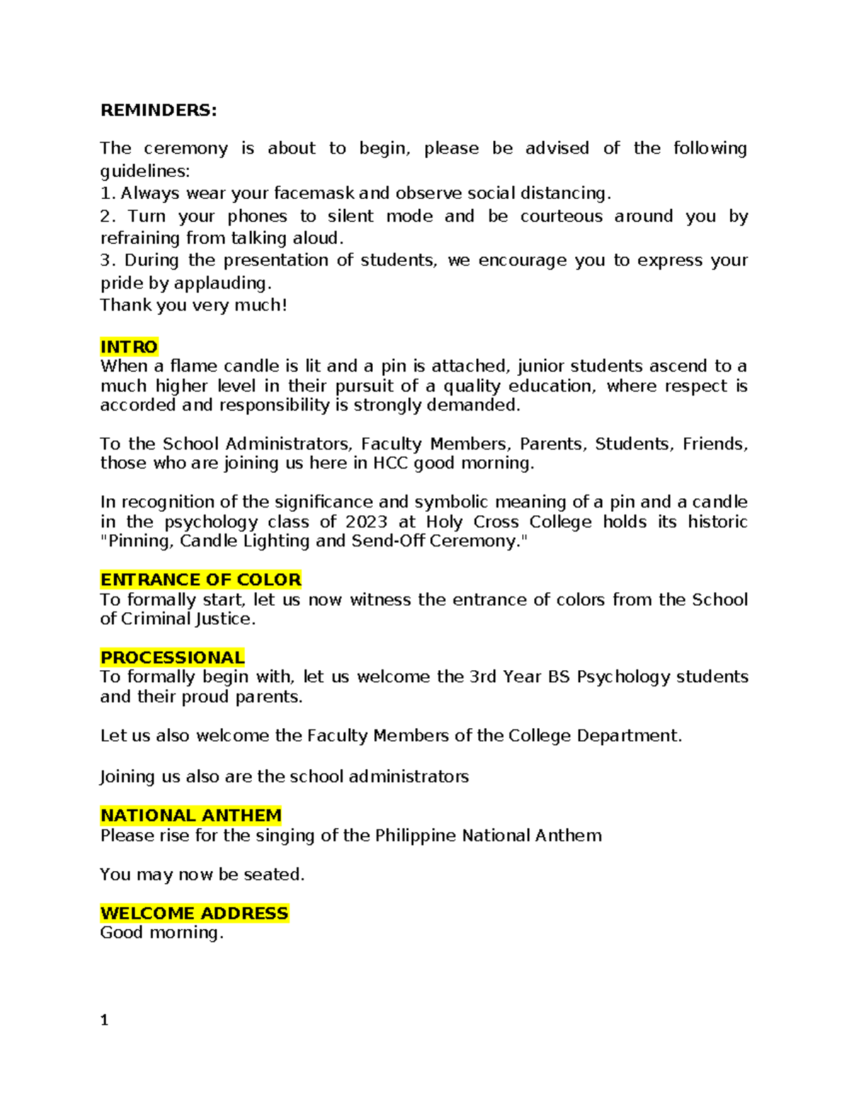 Pinning and Candle Lighting Ceremony Script - BS Psych Class of 2023 ...