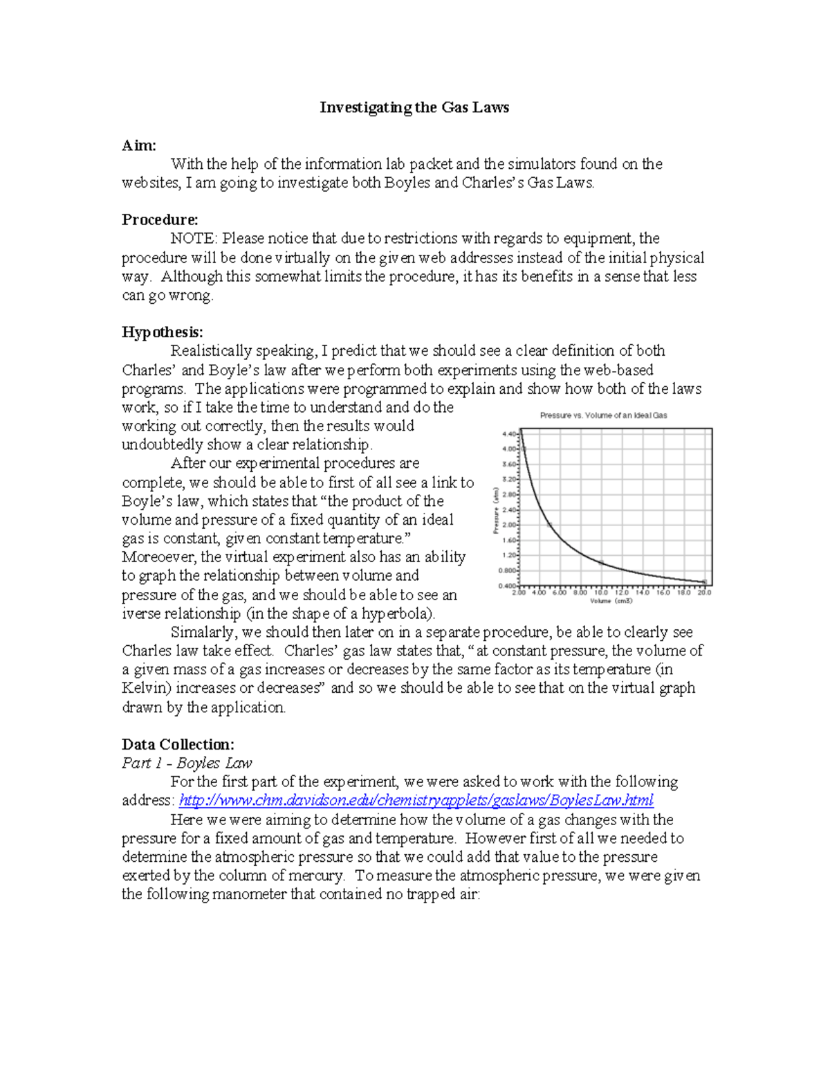 PDF Gas Laws Lab 1 - lab - Investigating the Gas Laws Aim: With the ...