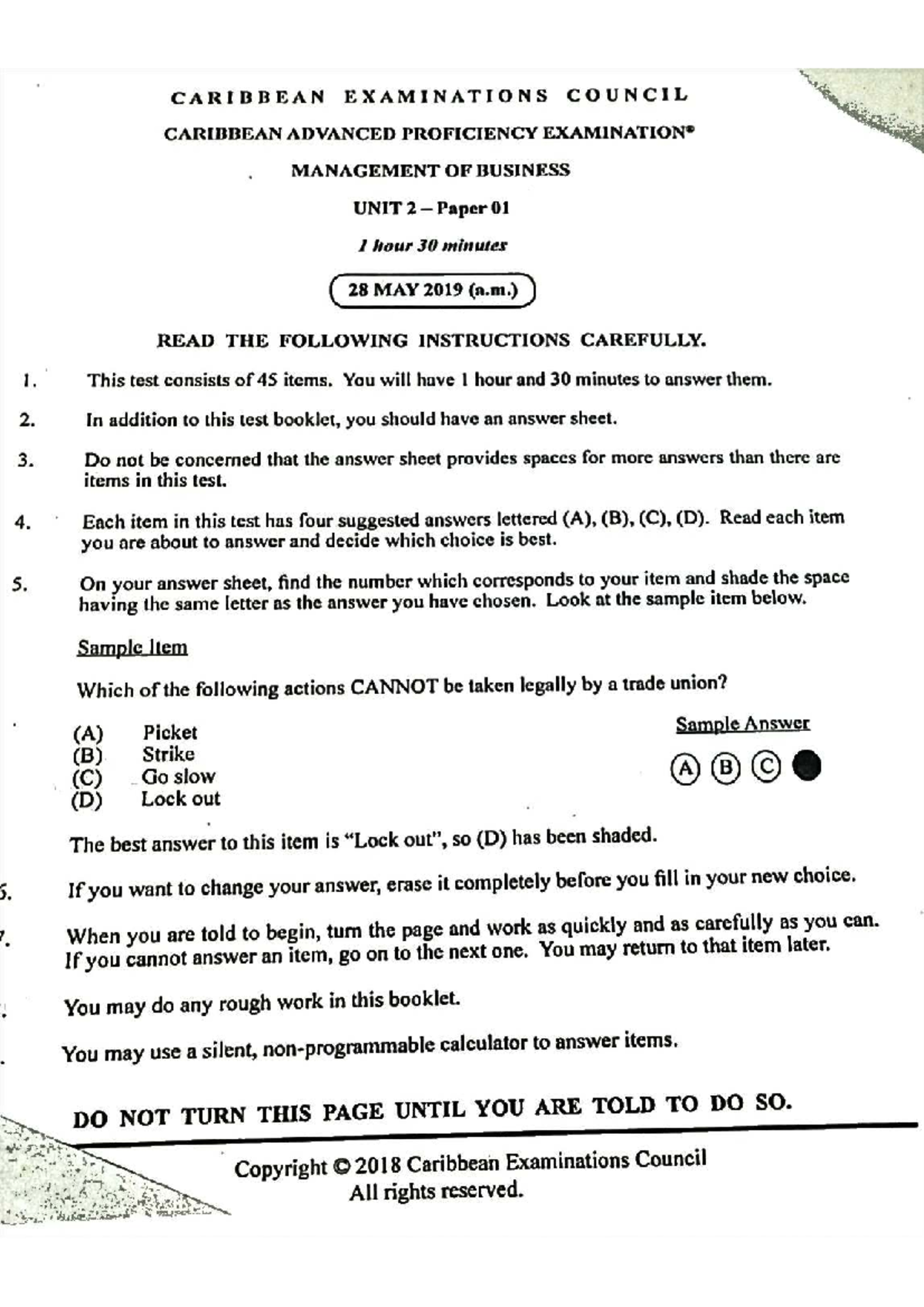 2019 CAPE Management of Business Unit 2 Exam Paper 1 Guide - Studocu