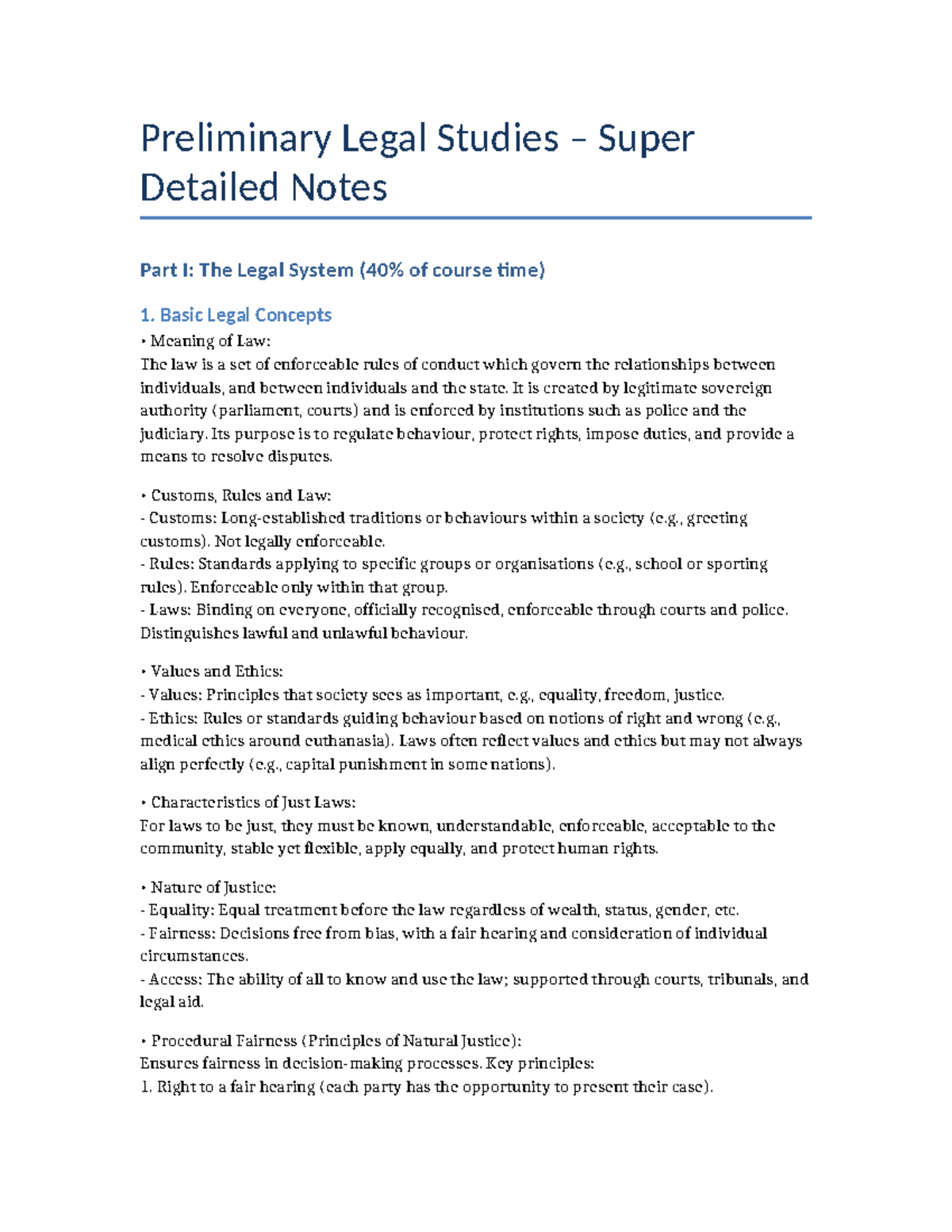 Preliminary Legal Studies Notes: The Legal System Overview - Studocu