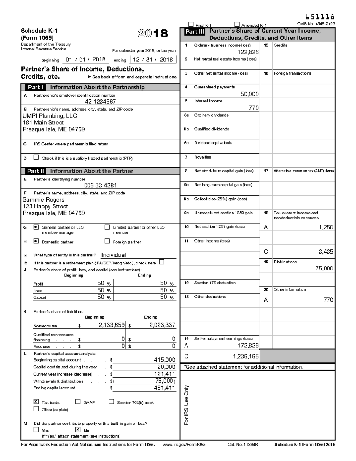Sammie Rogers Schedule k-1 Form 1065 - 651118 OMB No. 1545- Schedule K ...