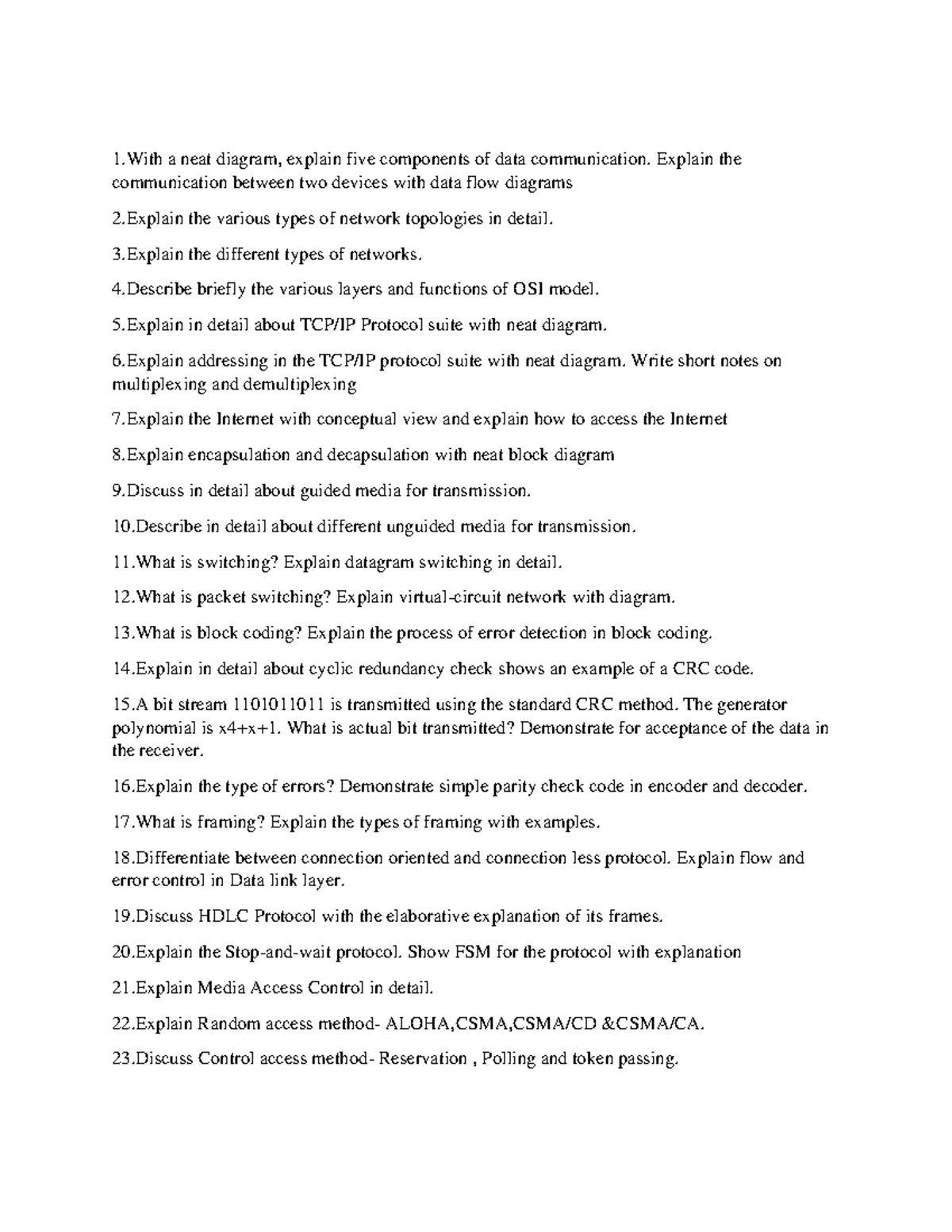 CN 101 Question Bank: Data Communication & Networking Concepts - Studocu