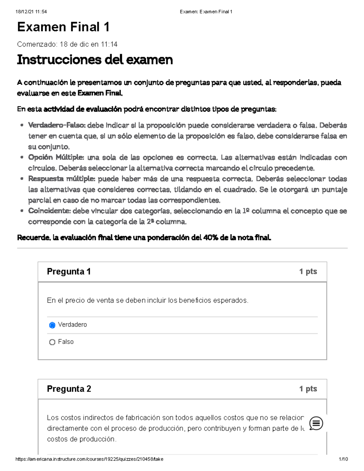 Examen Final 1 - Administración de Costos I-1: Instrucciones y Preguntas - Studocu
