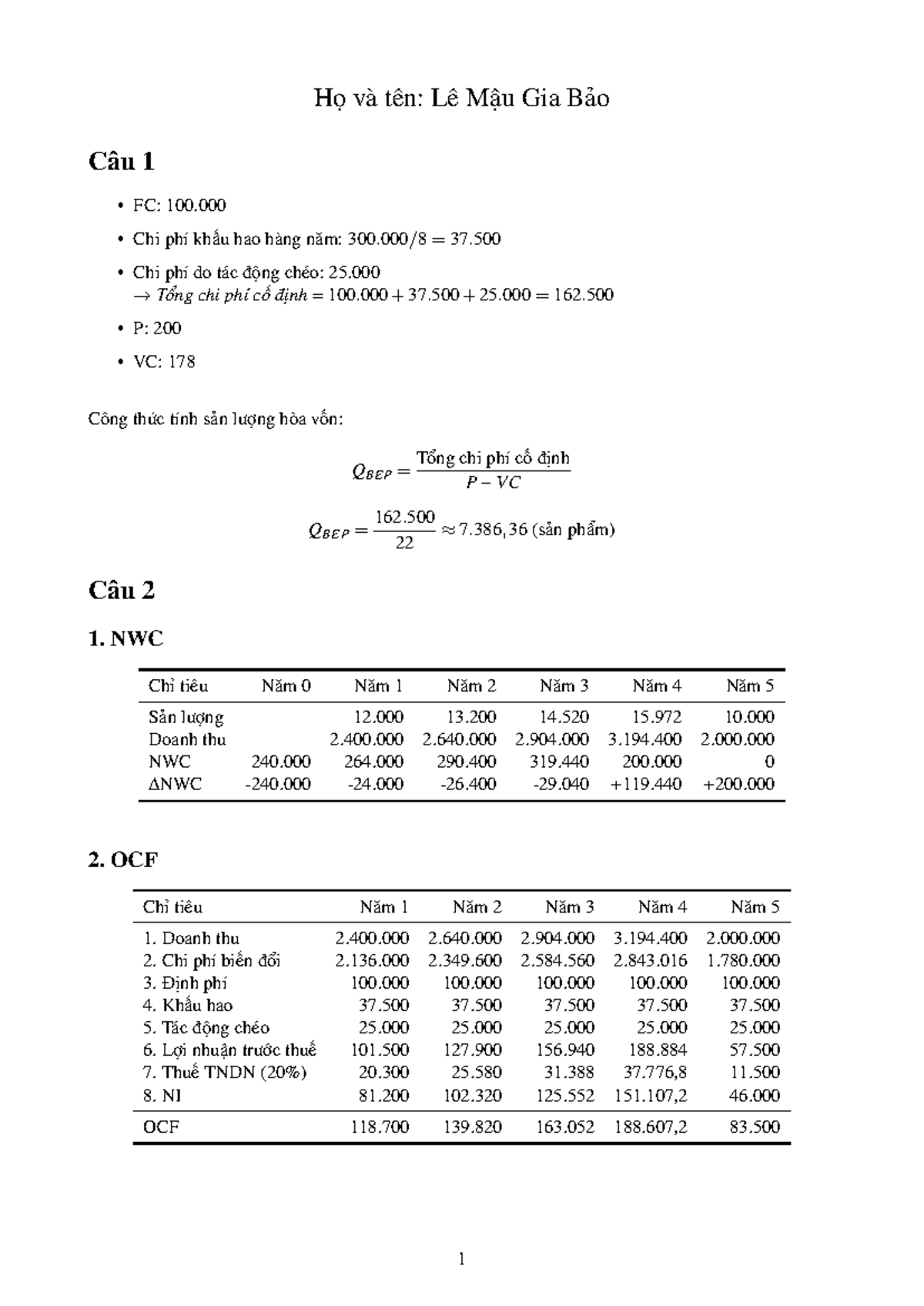 Bài Tập Tính Toán Chi Phí và Dòng Tiền Năm 0-5 FC: 37.500 - Studocu