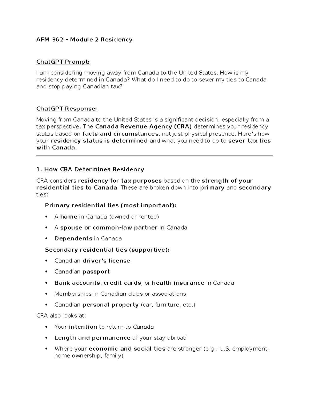 AFM 362 Module 2: Understanding Canadian Residency and Tax Implications - Studocu