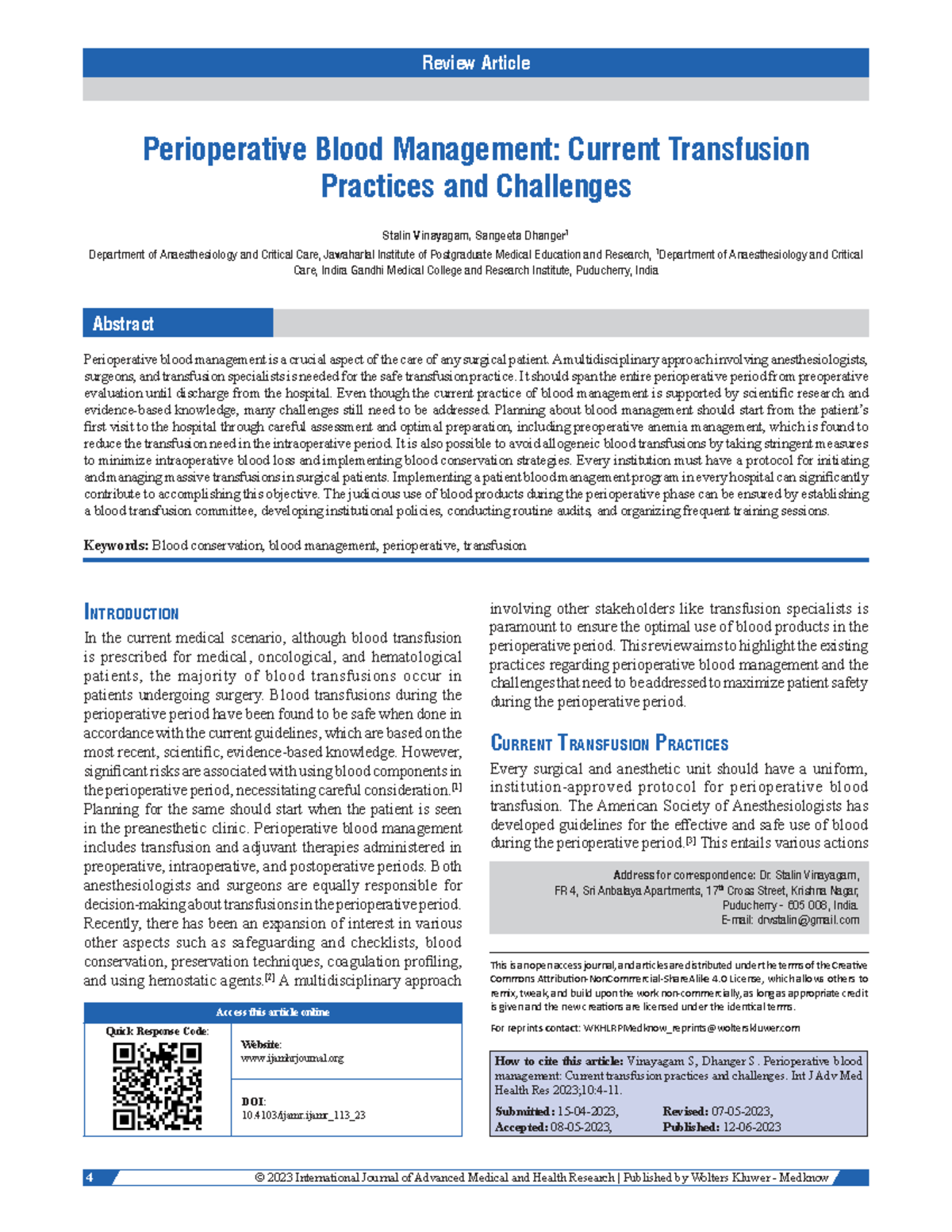Perioperative blood management: Current practices and challenges in ...