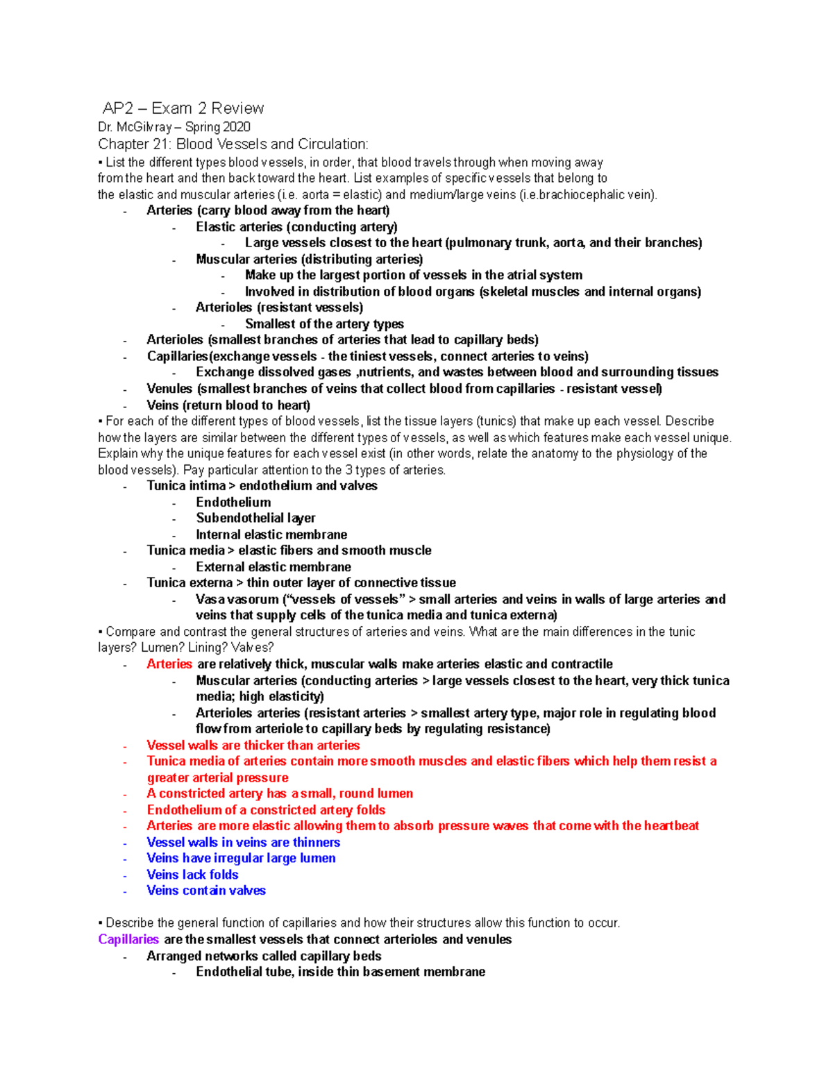 AP2 - Exam 2 Review: Blood Vessels & Circulation Concepts - Studocu