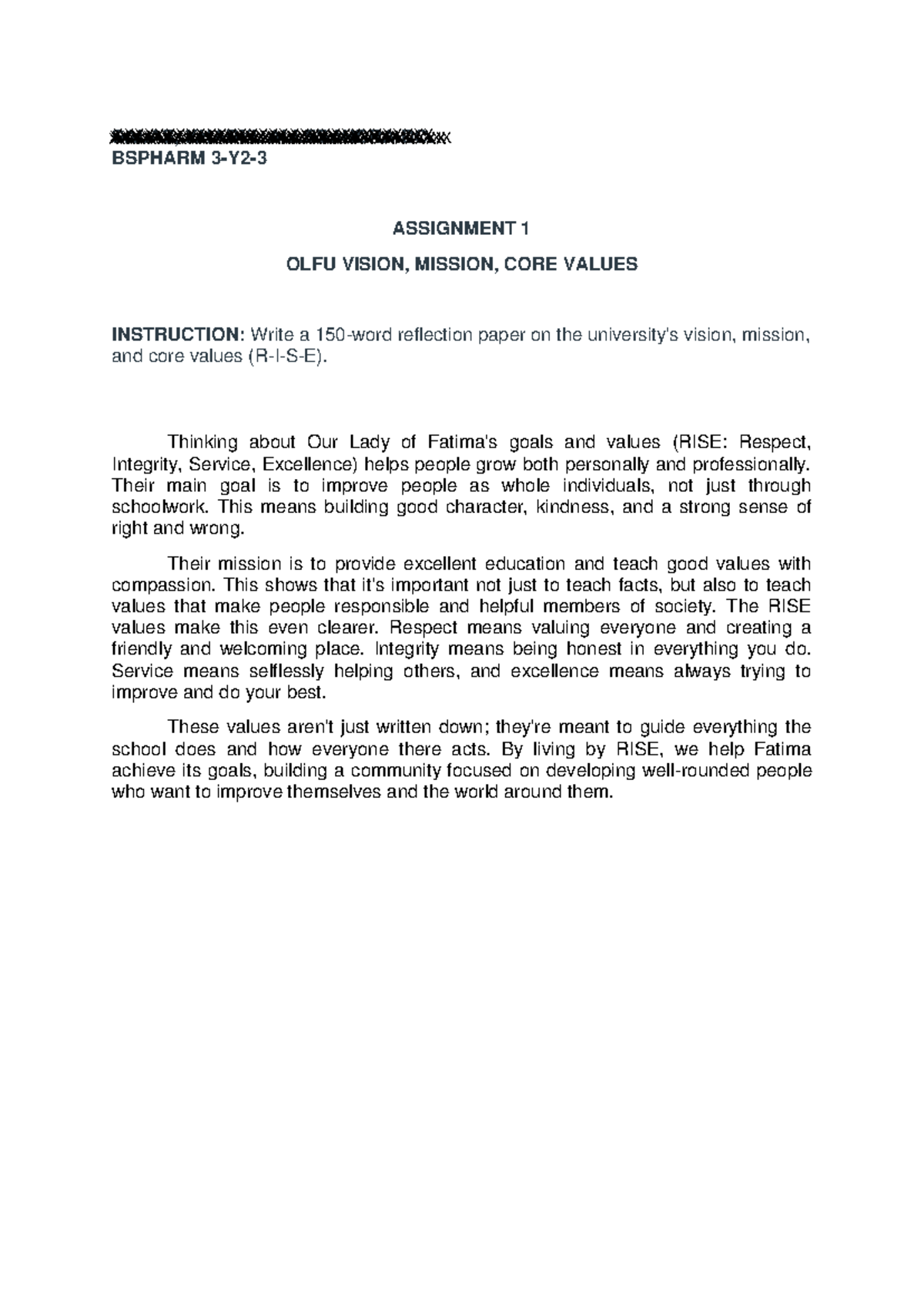 P-ASS 1: Reflection on OLFU Vision, Mission & Core Values - Studocu