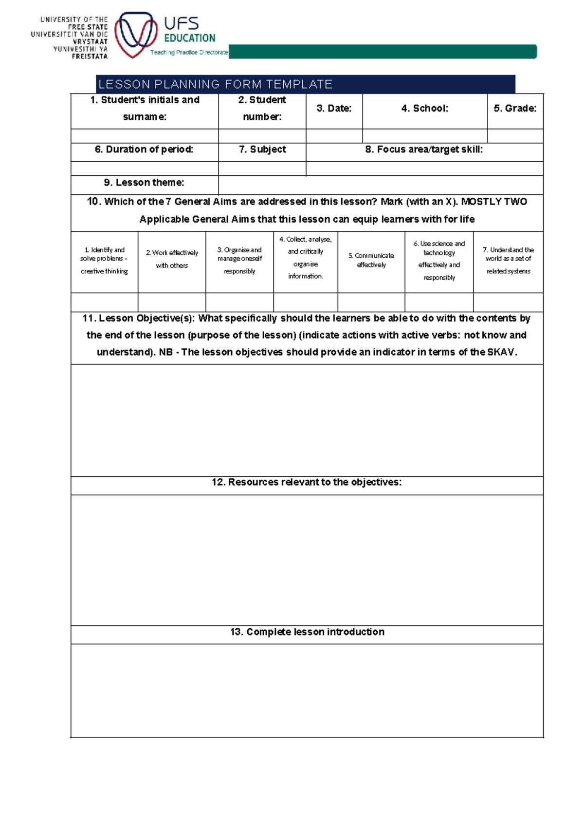 Lesson Planning Form Template for Effective Teaching - Studocu