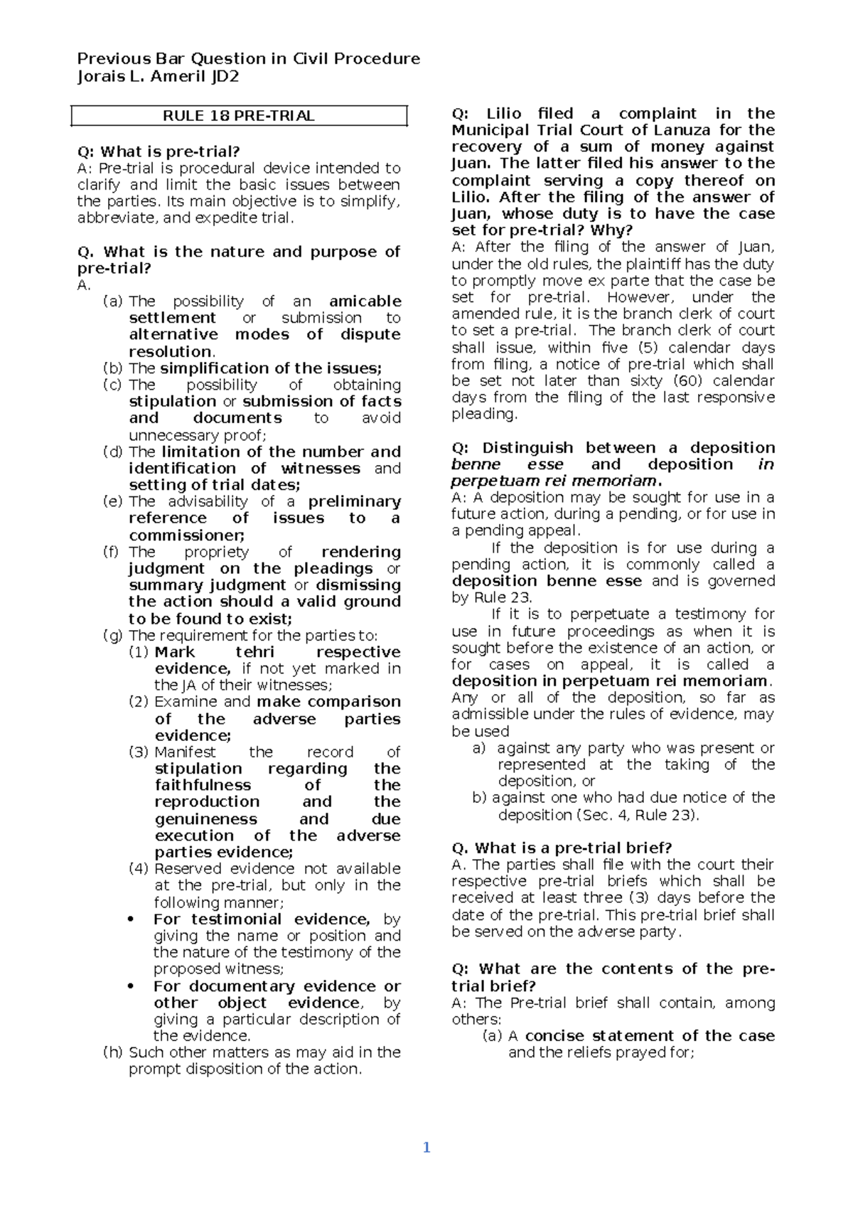 Civpro JD2 BAR Review: Previous Questions & Answers on Civil Procedure ...
