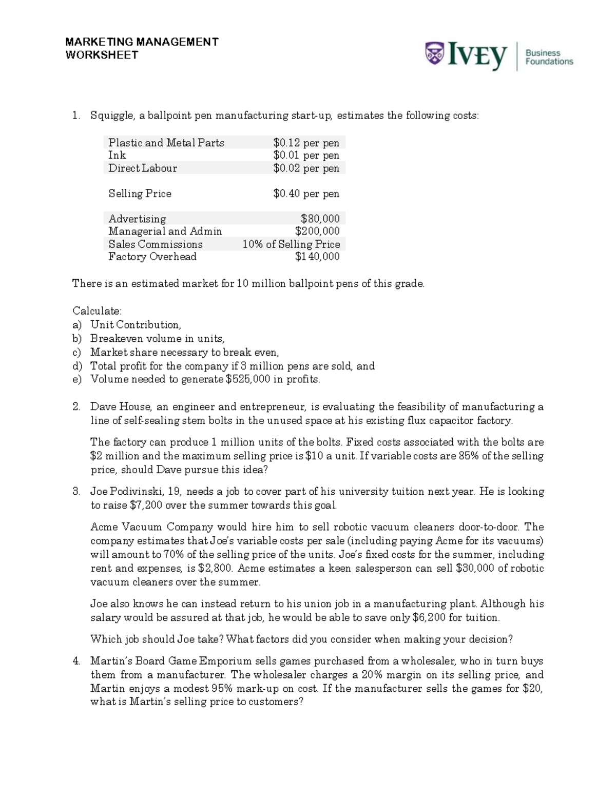 FW19 Marketing Management Worksheet: Contribution & Breakeven Analysis ...