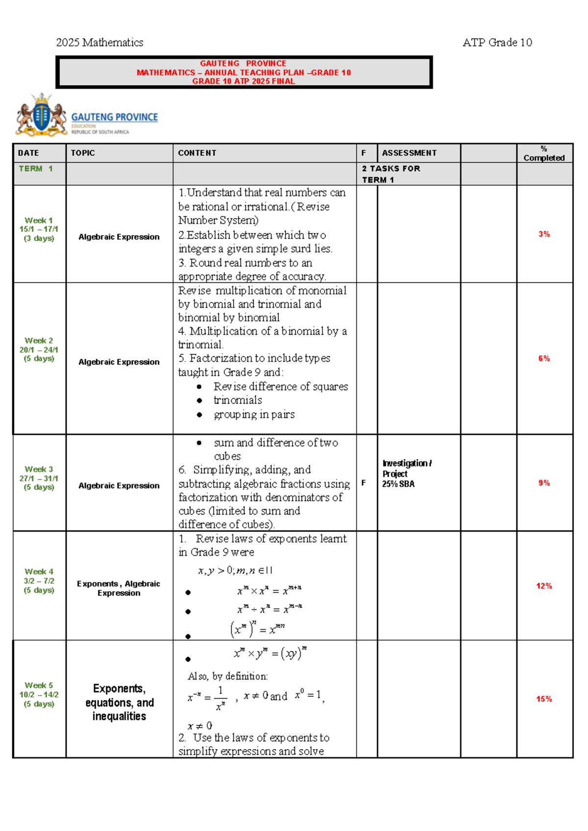 2025 Grade 10 Mathematics ATP: Comprehensive Annual Teaching Plan - Studocu