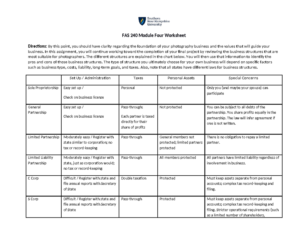 FAS 240 Final Project: Photography Business Structure Worksheet - Studocu