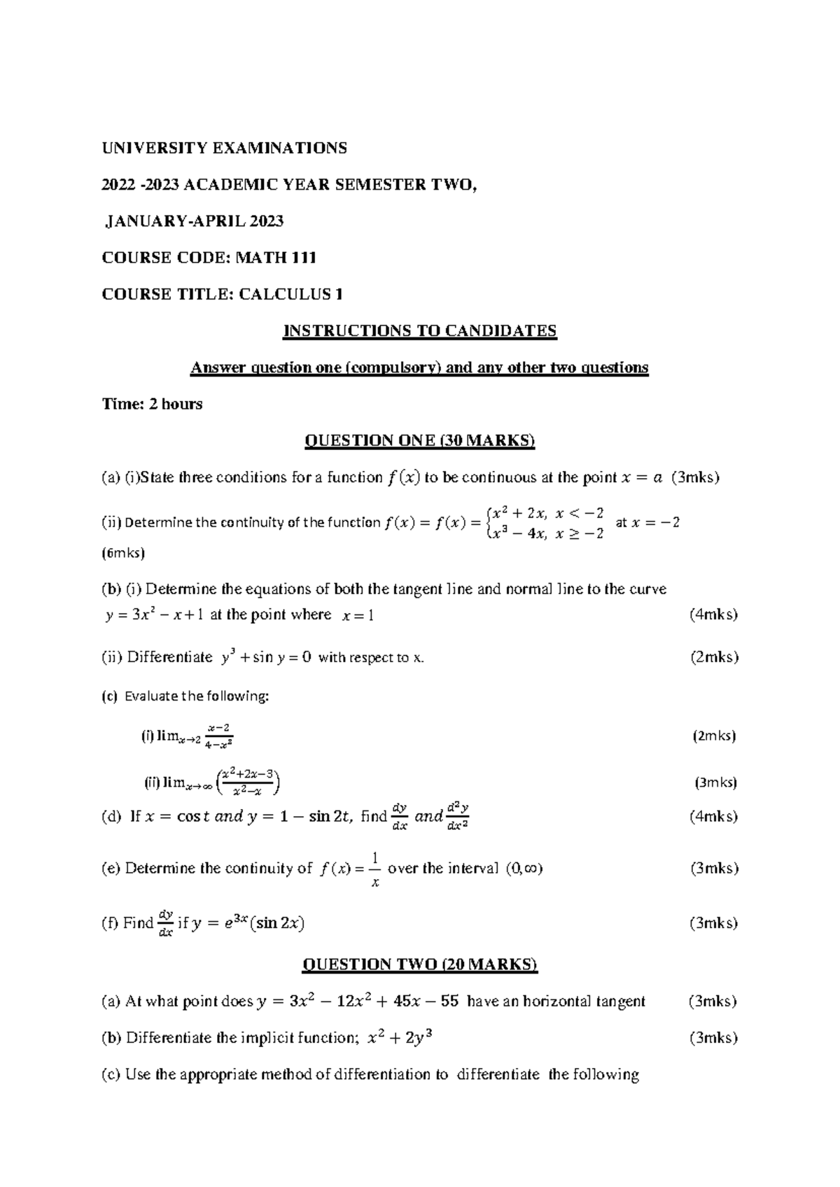 MATH 111- Calculus I - With good examples - UNIVERSITY EXAMINATIONS 2022 -2023 ACADEMIC YEAR ...