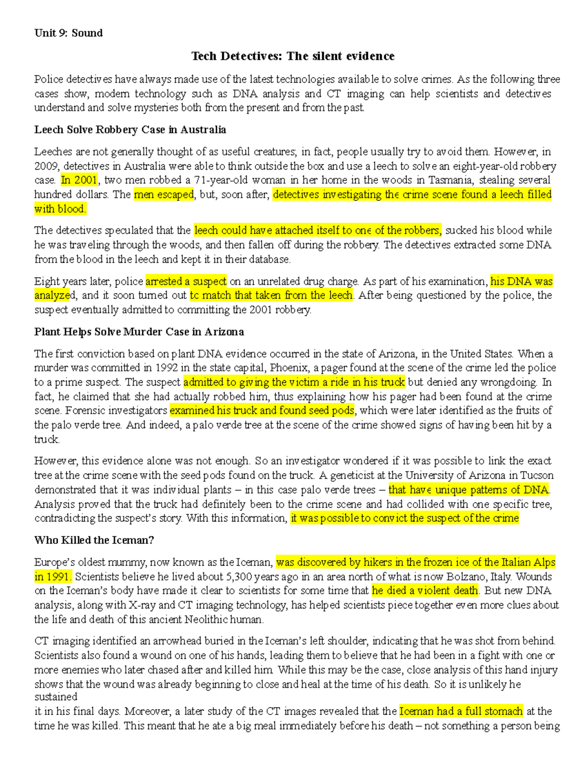 Unit 9 - Reading task - Unit 9: Sound Tech Detectives: The silent ...