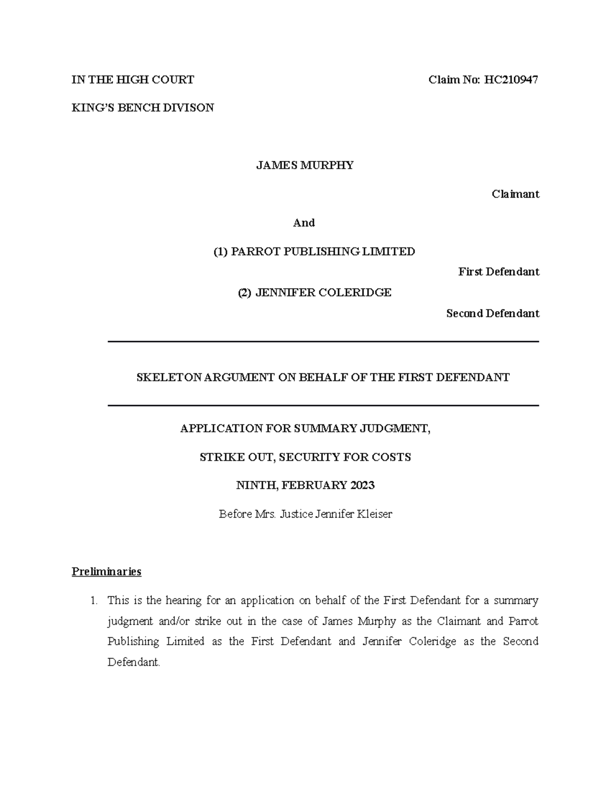 Skeleton Argument for Summary Judgment in HC Case No: 2023/01 - Studocu