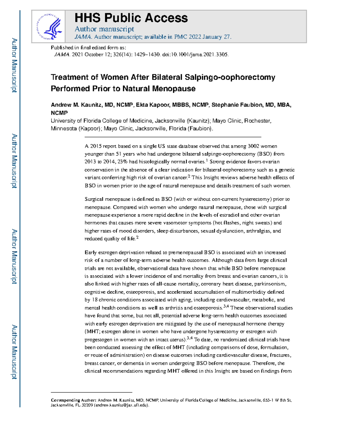 JAMA 2021: Treatment Strategies for Women Post-Bilateral Oophorectomy ...