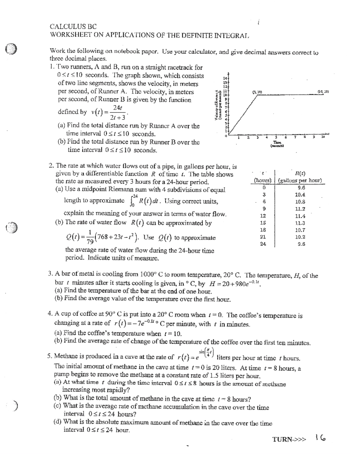 WS Applications of Definite Integral - CALCULUS BC WORKSHEET ON ...