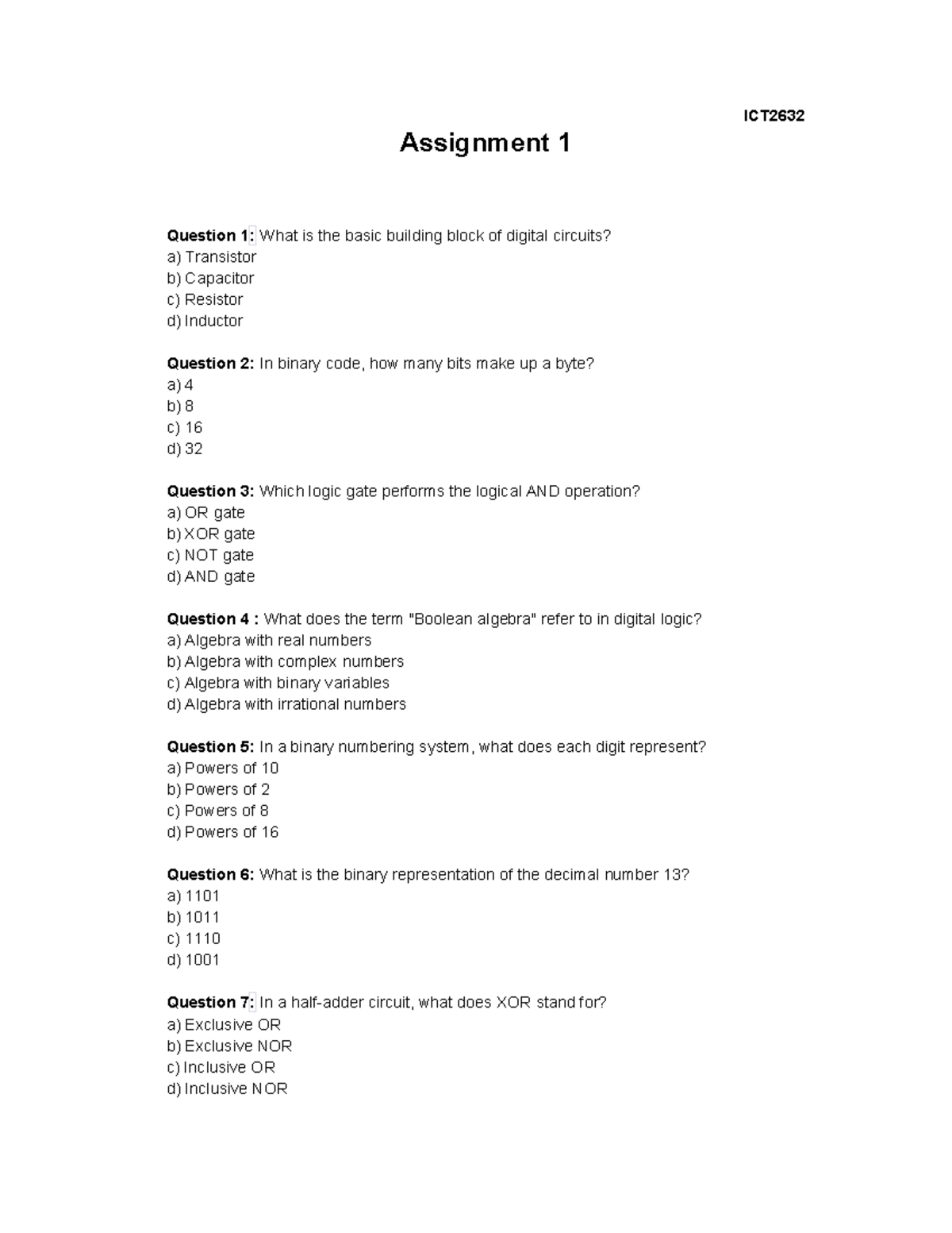 ICT2632 Assignment 1: Digital Circuits & Logic Gate Quiz 2024 - Studocu