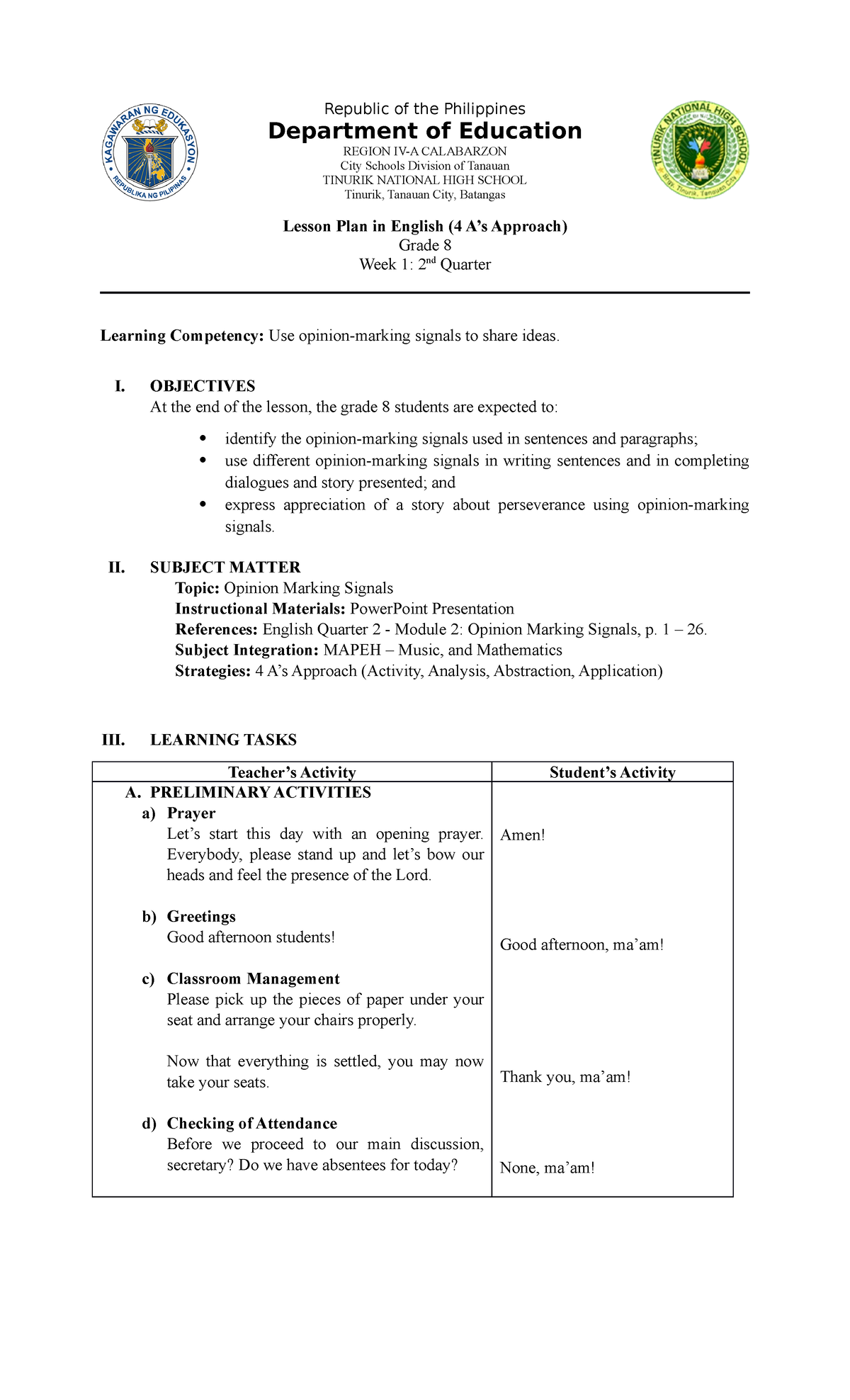 Opinion Marking Signals Lesson Plan - Republic of the Philippines ...